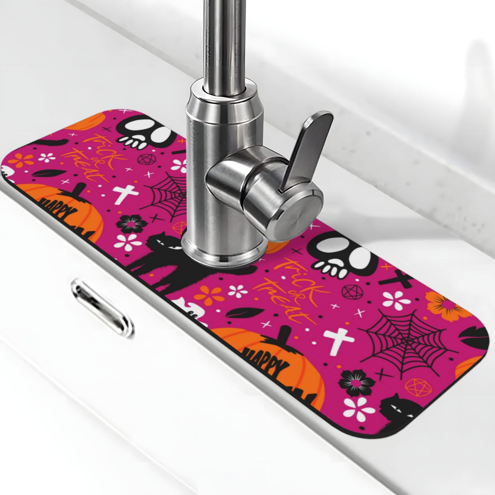 Faucet Mat for Kitchen Sink Splash Guard happy spooky elements pink ...