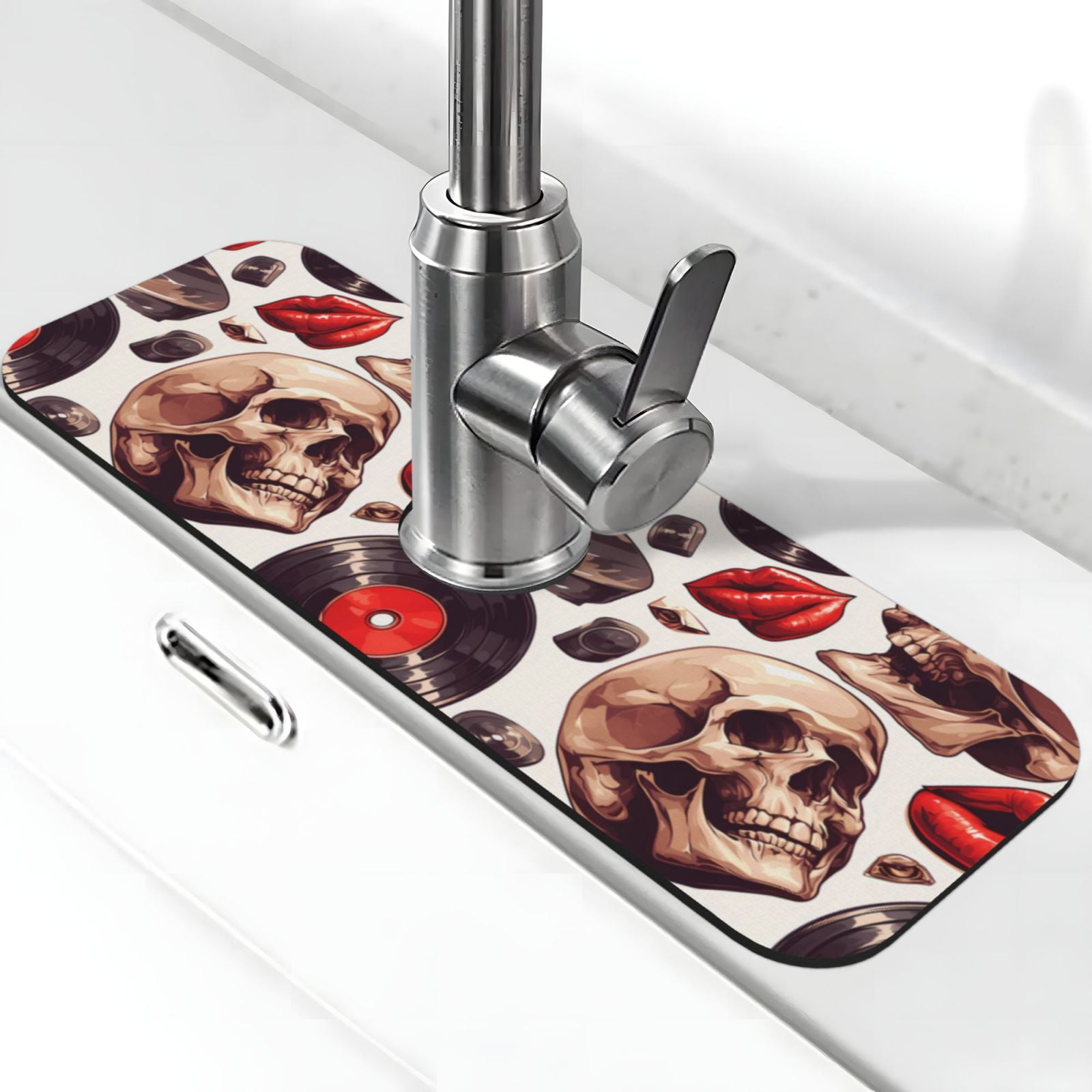 Faucet Mat for Kitchen Sink Splash Guard record lips Skull Absorbent ...