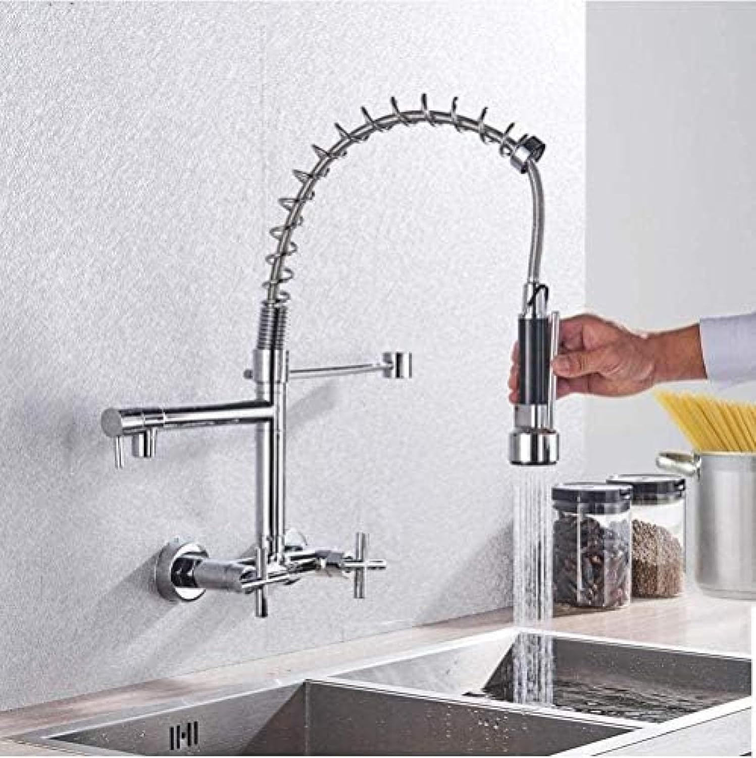 Faucet Wall-Mounted Spring Basin Kitchen Faucet Pull Down Hot and Cold ...