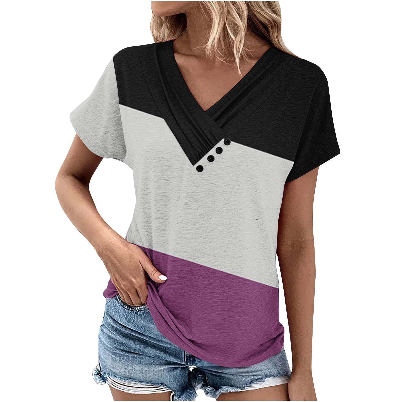 Fauean Color Block Tops for Women T Shirts Short Sleeve V Neck Casual ...