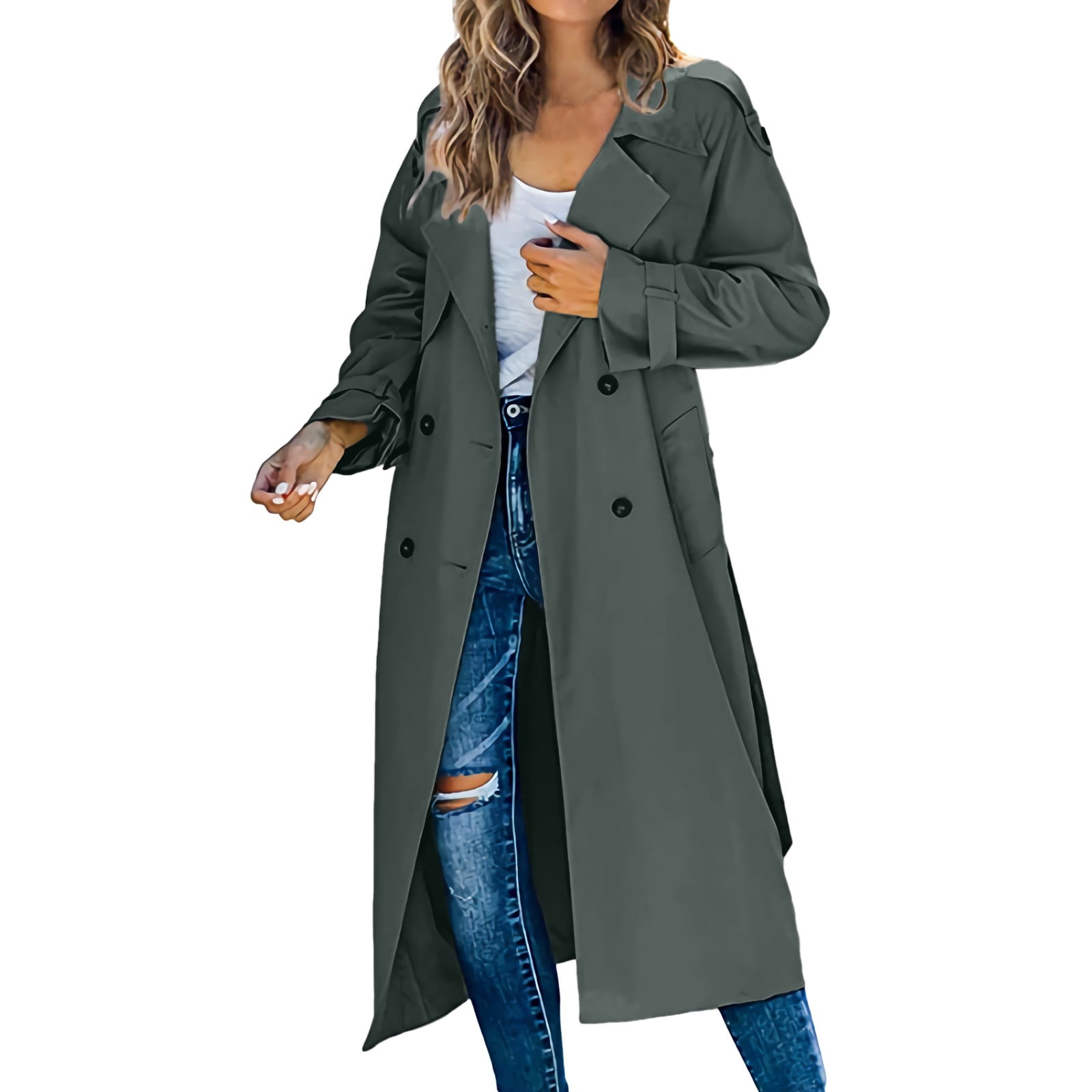 Fauean Jackets for Women Lapel Button Down Mid Length Trench Coat ...