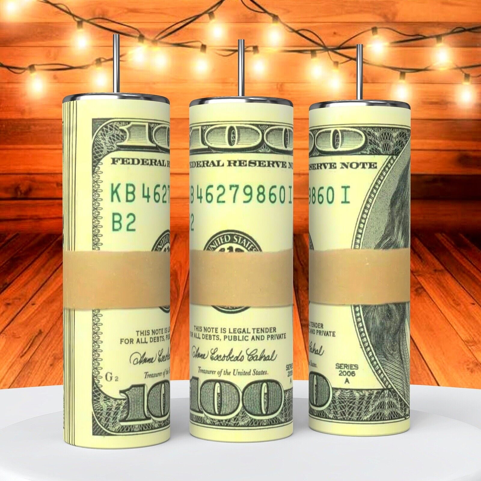 Faux 100 Dollar Bill Roll Currency Image 20 Oz Tumbler coffee Cup ...