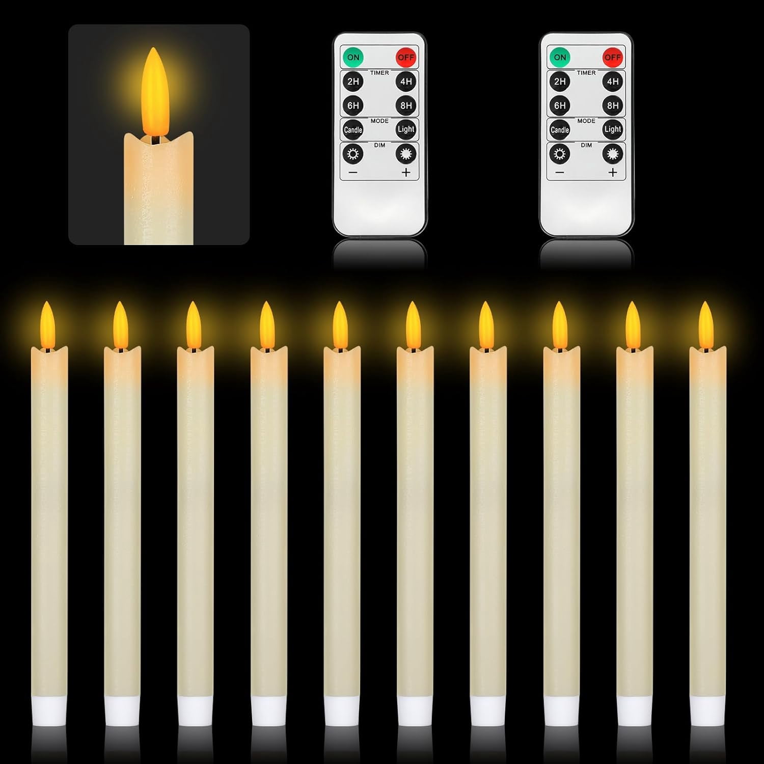 Faux 9.6" Tall Led Flameless Beige Taper Candles Flickering with Remote ...