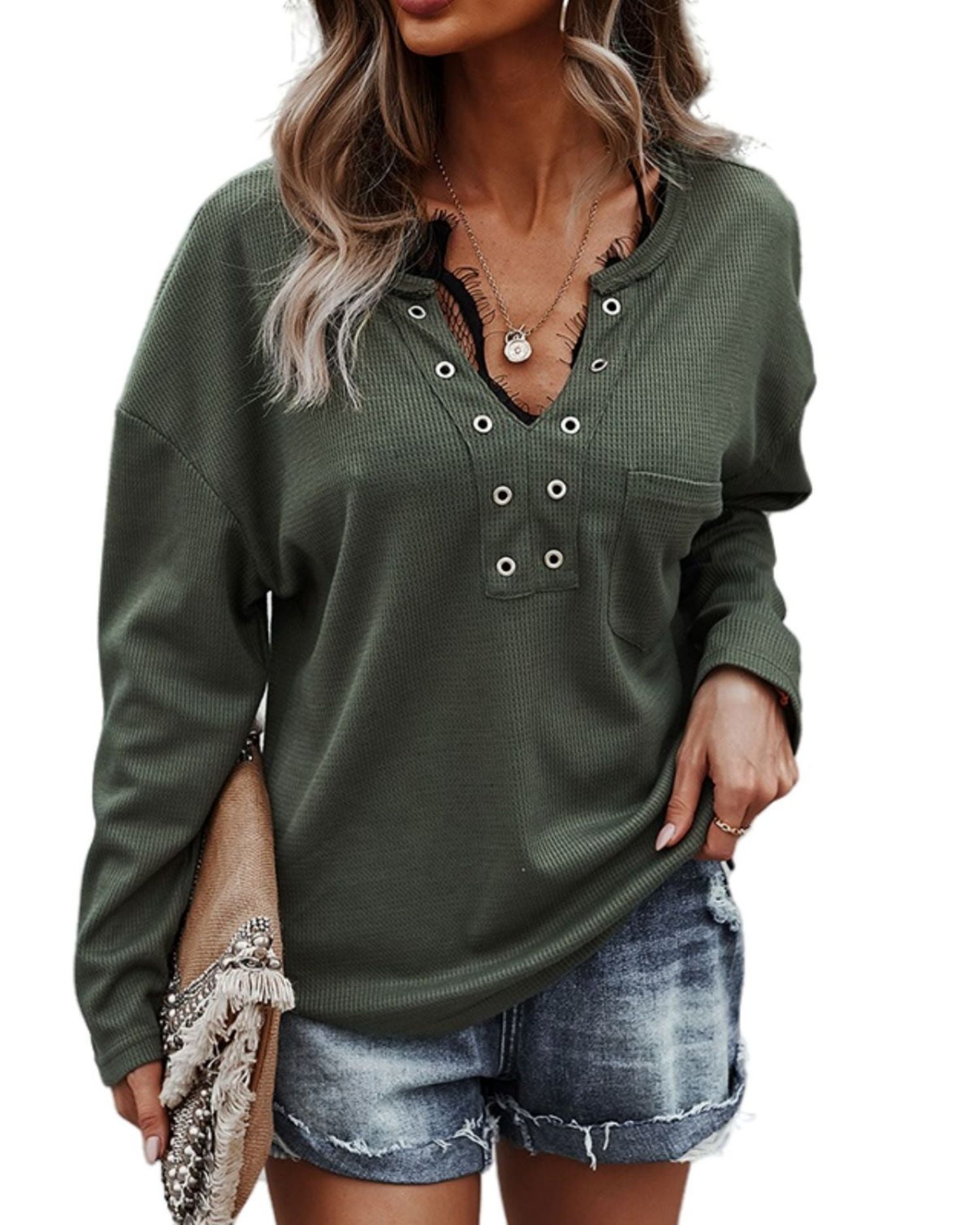 Faux Button Placket Sweater Olive Green Medium - Walmart.com