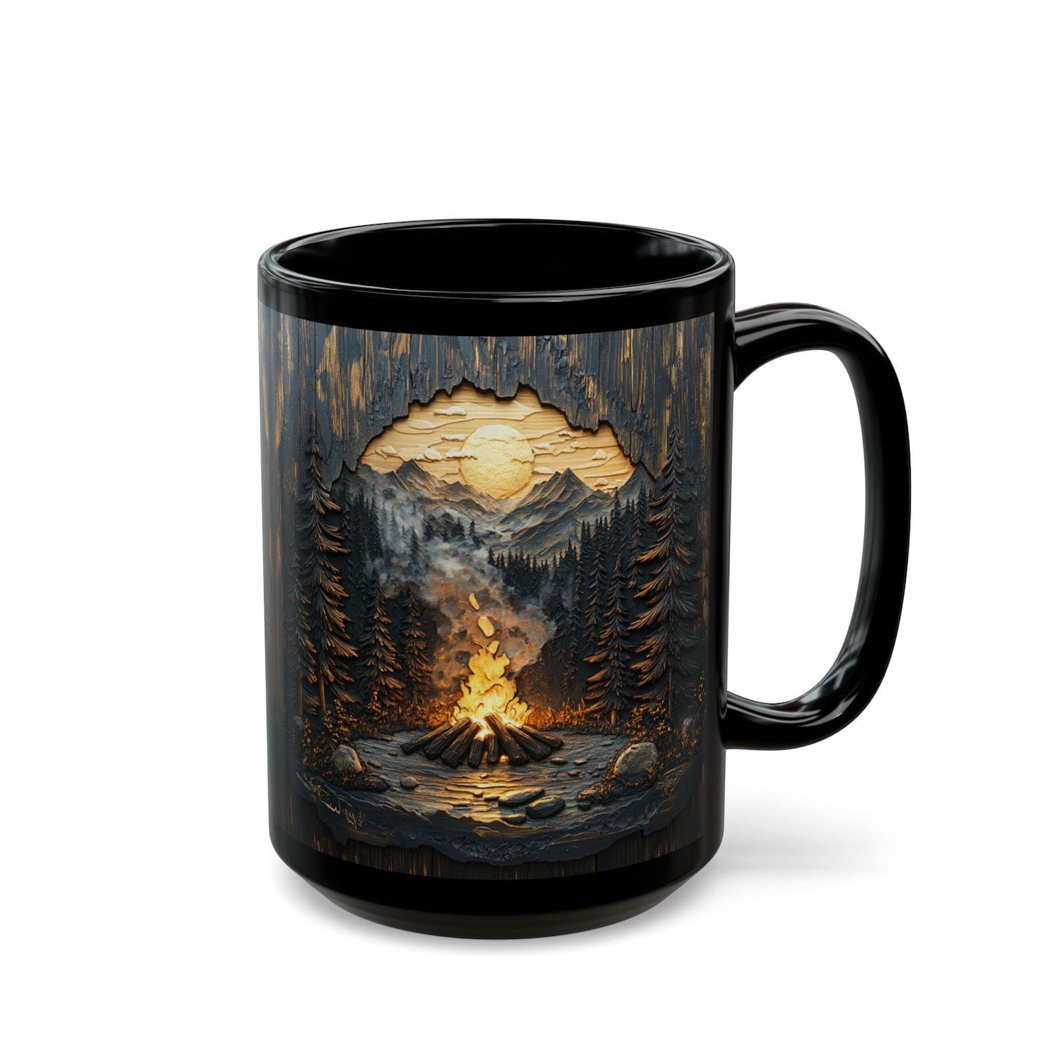 Faux Carved Wood Campfire Mug Rustic Mountain Art Ceramic Coffee Cup ...
