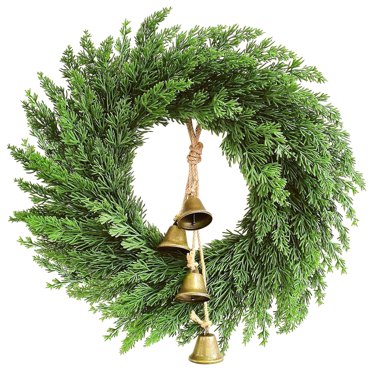 Faux Christmas Norfolk Pine Wreath with 4 Pcs Rustic Vintage Iron Bells ...
