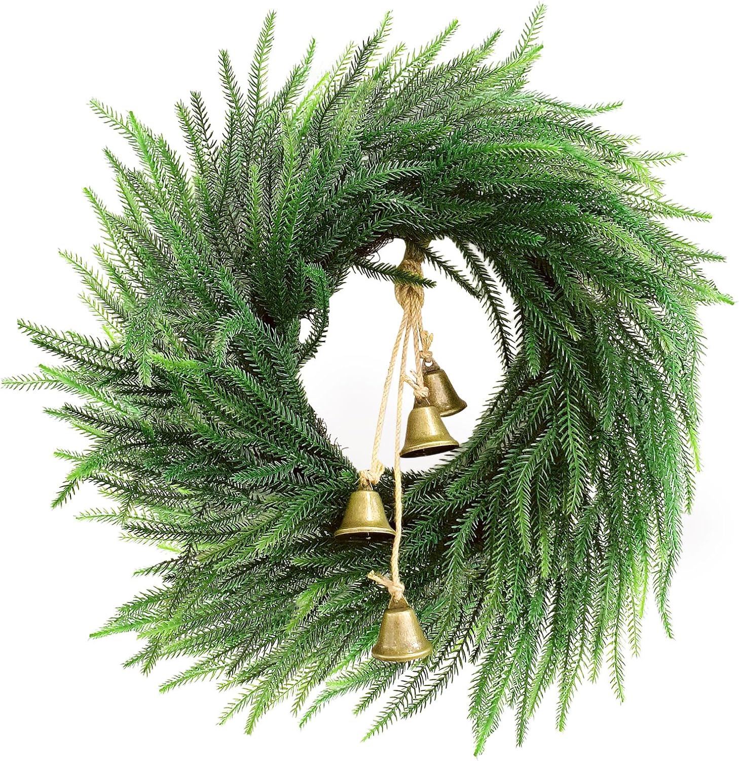 Faux Christmas Norfolk Pine Wreath with 4 Pcs Rustic Vintage Iron Bells ...