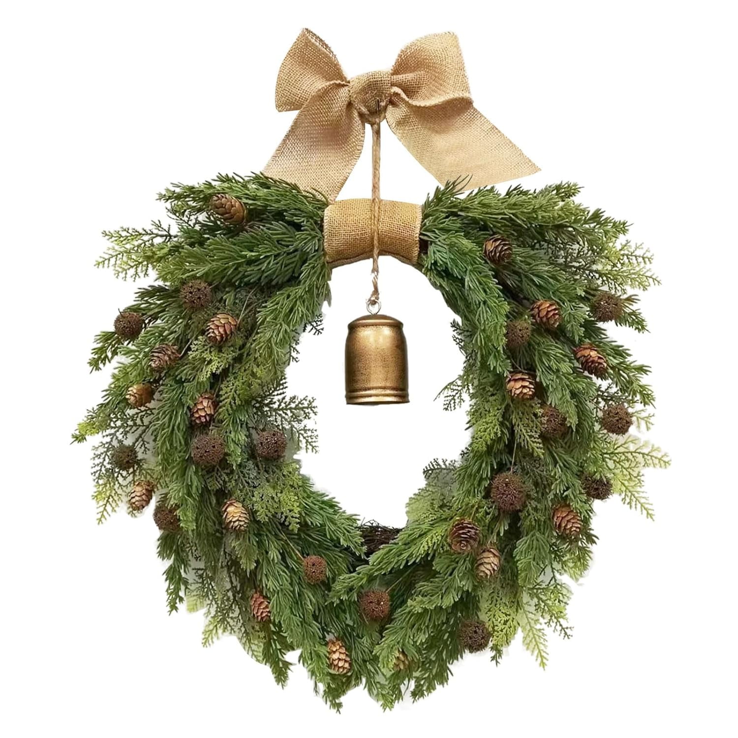Faux Christmas Norfolk Pine Wreath with Rustic Vintage Iron Bell,20 ...