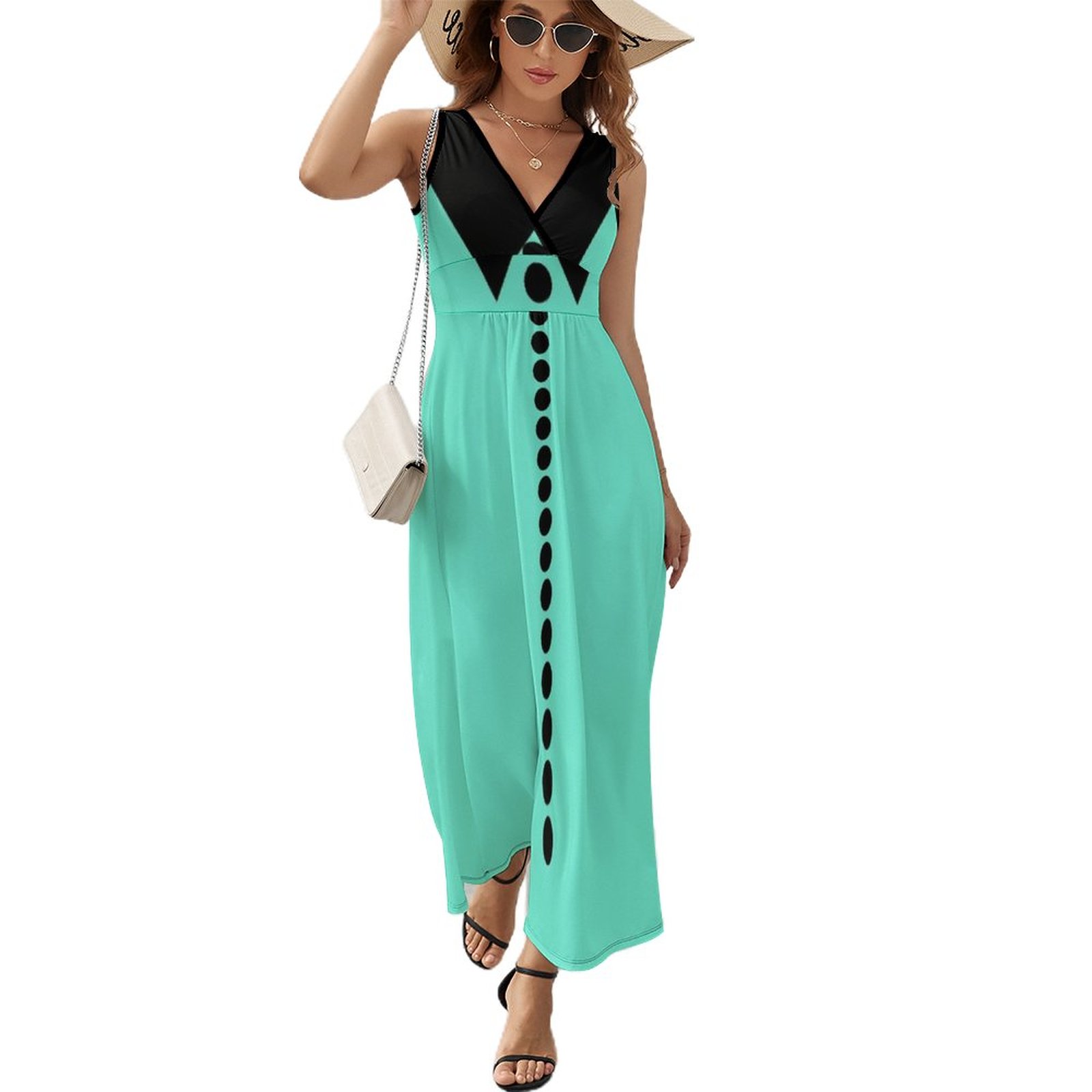 Faux Collar and Buttons 2 in Aqua and Black Sleeveless Dress Long ...