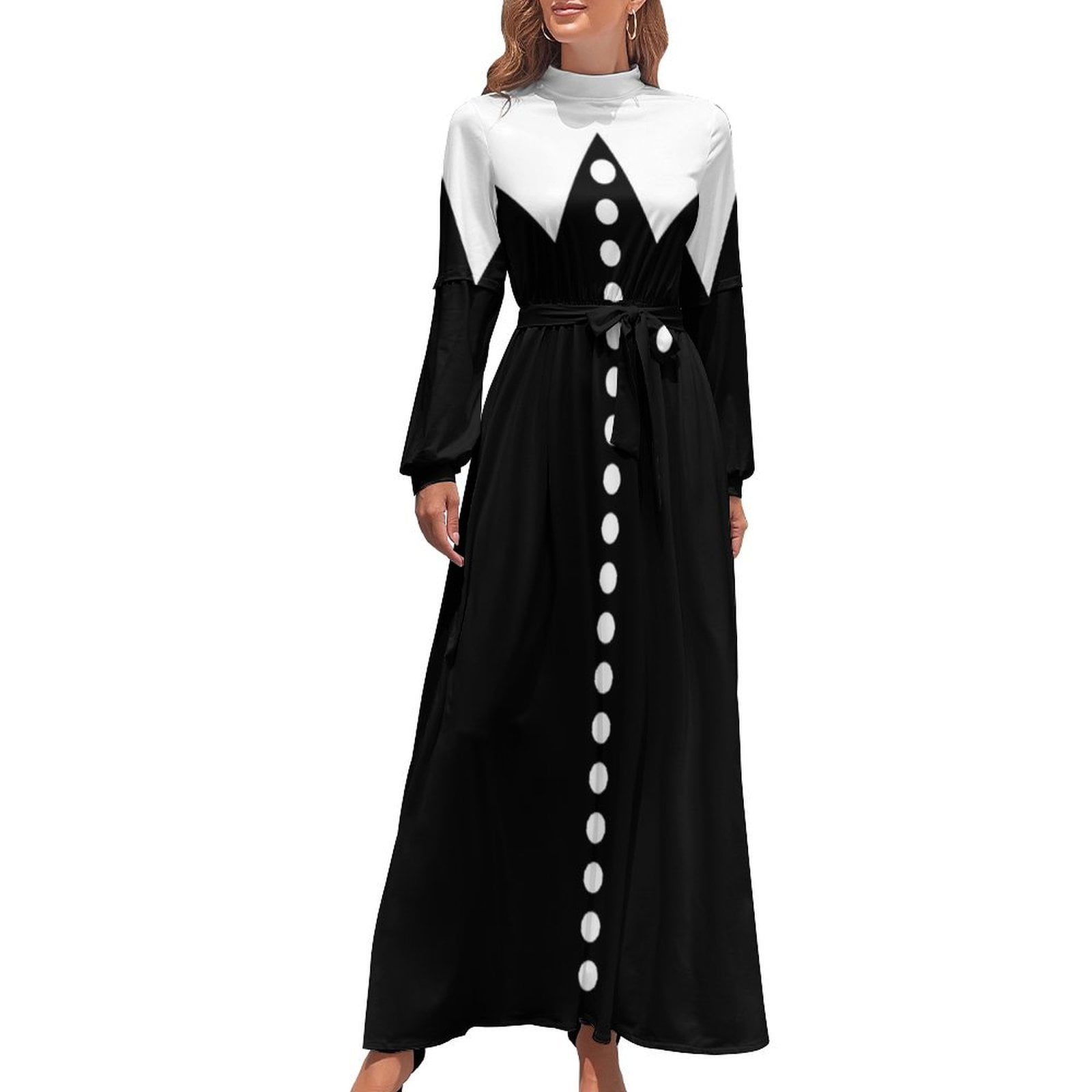Faux Collar and Buttons Black and White Long Dress elegant guest ...