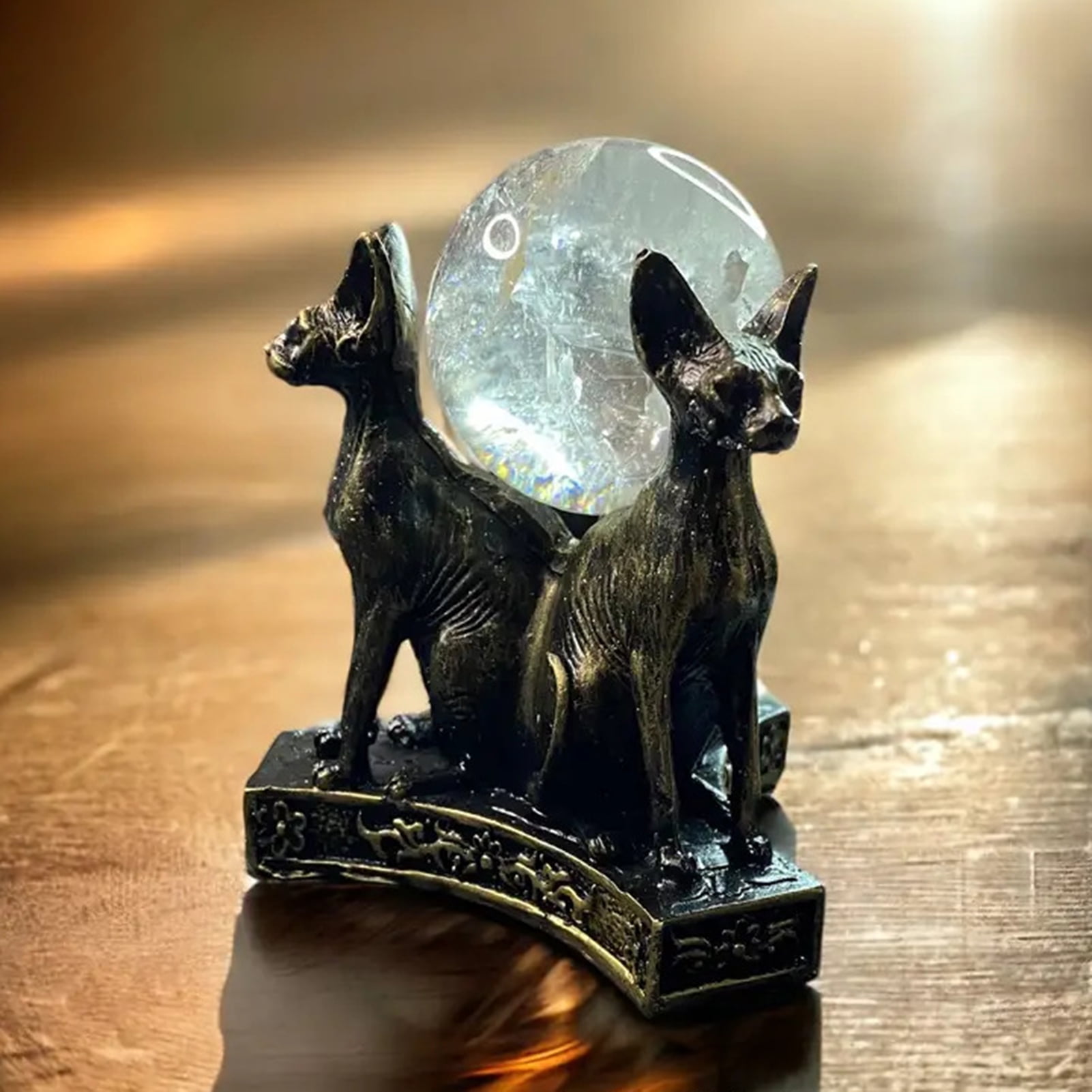 Faux Crystal Ball Display Stand Black Cat Animal Hand Holder Resin ...