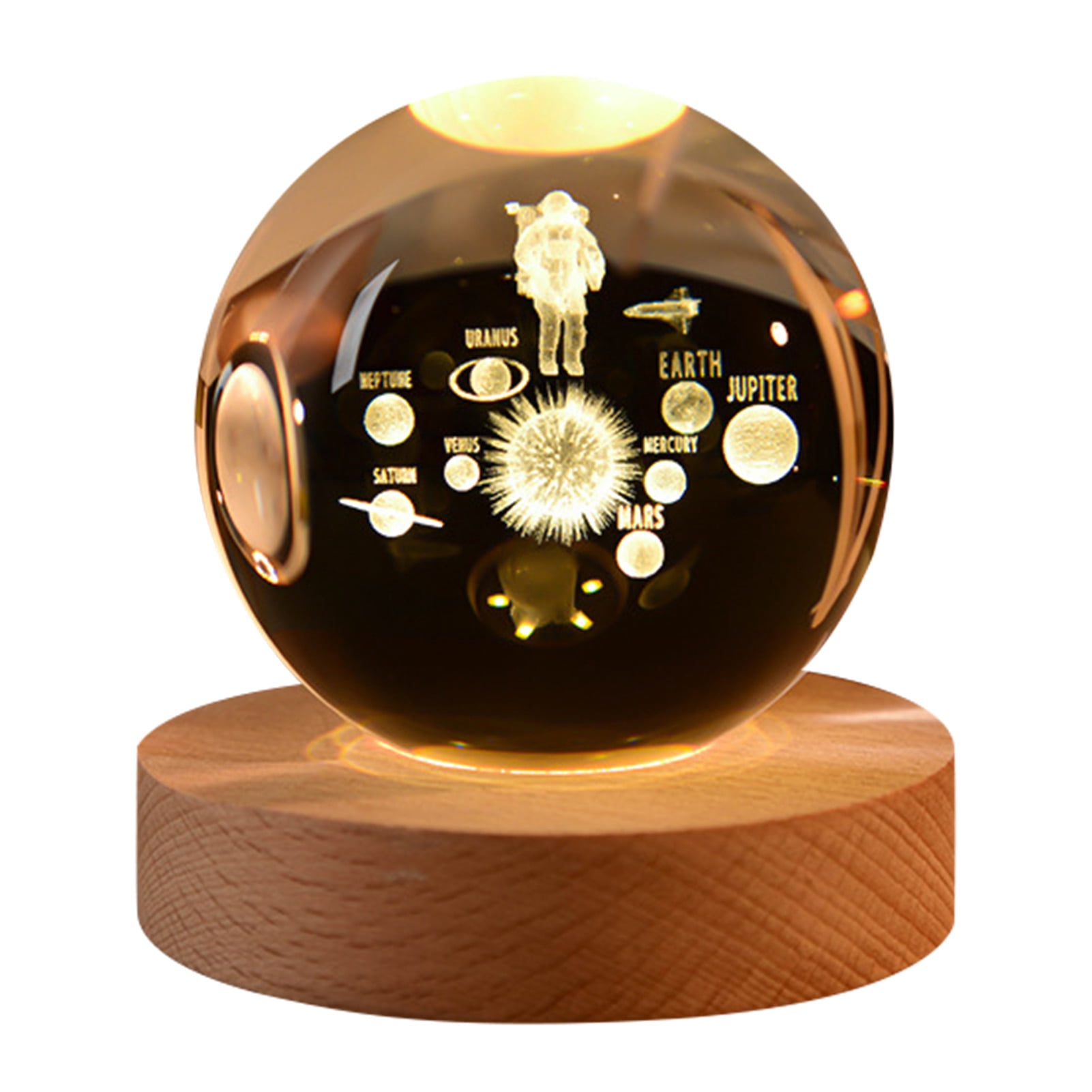 Faux Crystal Ball Night Light with Wooden Base 3D Engraved Solar System ...