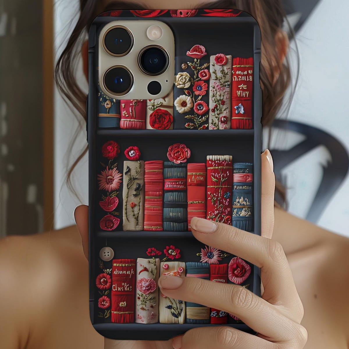 Faux Embroidered Floral Bookshelf Book Phone Case 17 16 15 14 13 12 11 ...