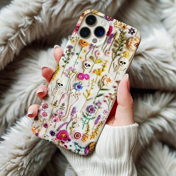 Faux Embroidered Floral Fall Halloween Skeleton Phone Case 11 12 13 14 ...
