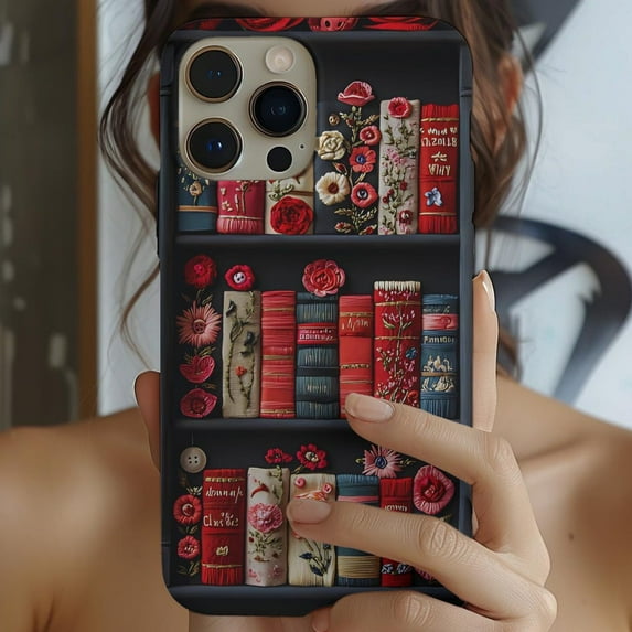 Faux Embroidery Floral Book Lover Bookshelf Phone Case with iPhone 17 ...