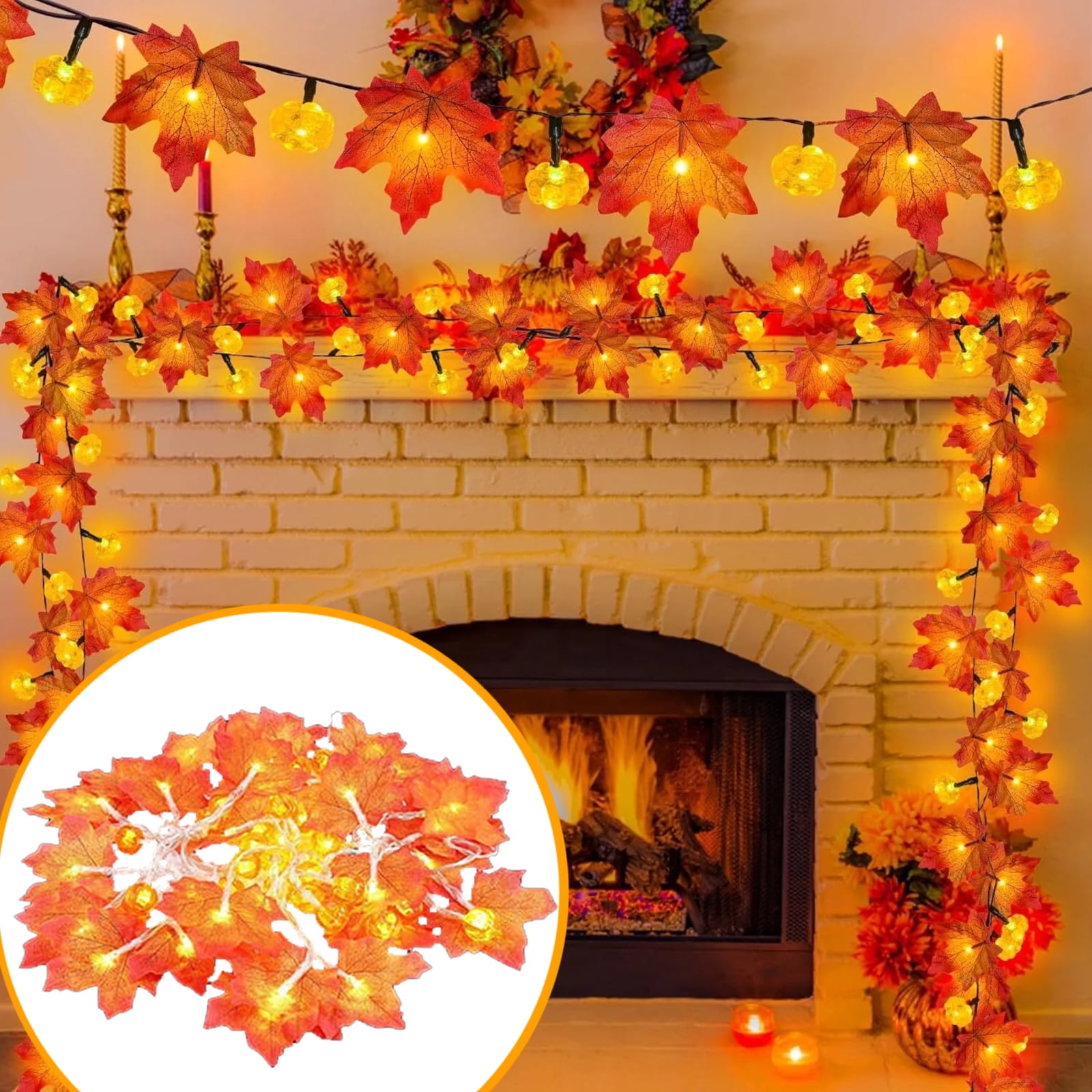 Faux Fall Maple Leaf Pumpkin String Lights - 20FT 40LED Battery Powered ...