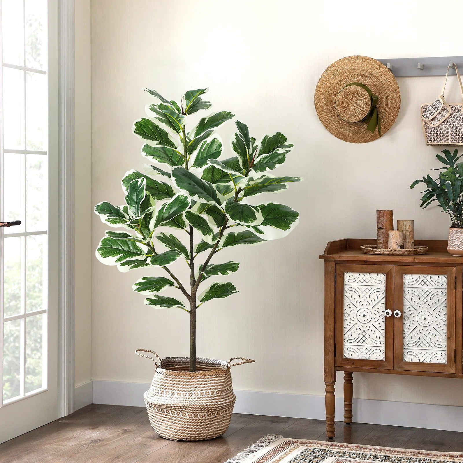 Faux Fiddle Leaf Fig Tree, 4.3 Ft Artificial Ficus Lyrata Plant with 46 ...