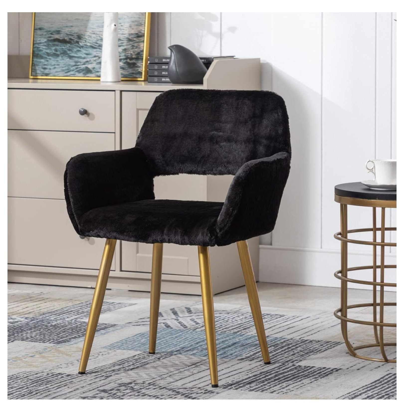 Faux Fur Accent Chair,Modern Cute Home Office Chair Makeup Stool Vanity Chair w/Solid Steel Leg ...