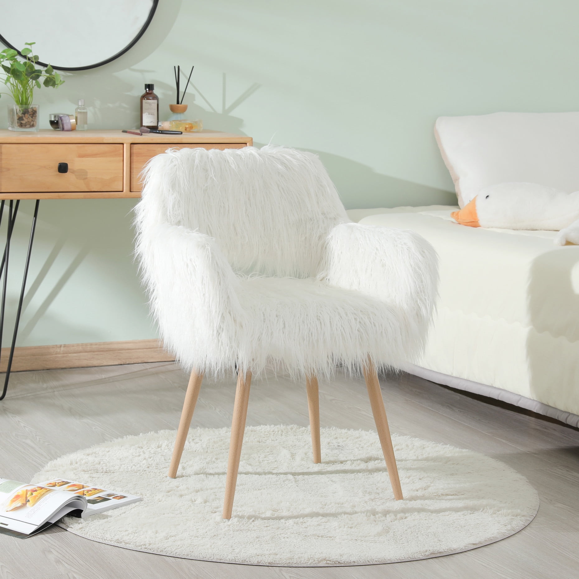 Faux Fur Accent Chair, Modern Wingback Reading Chair with Metal Legs In ...