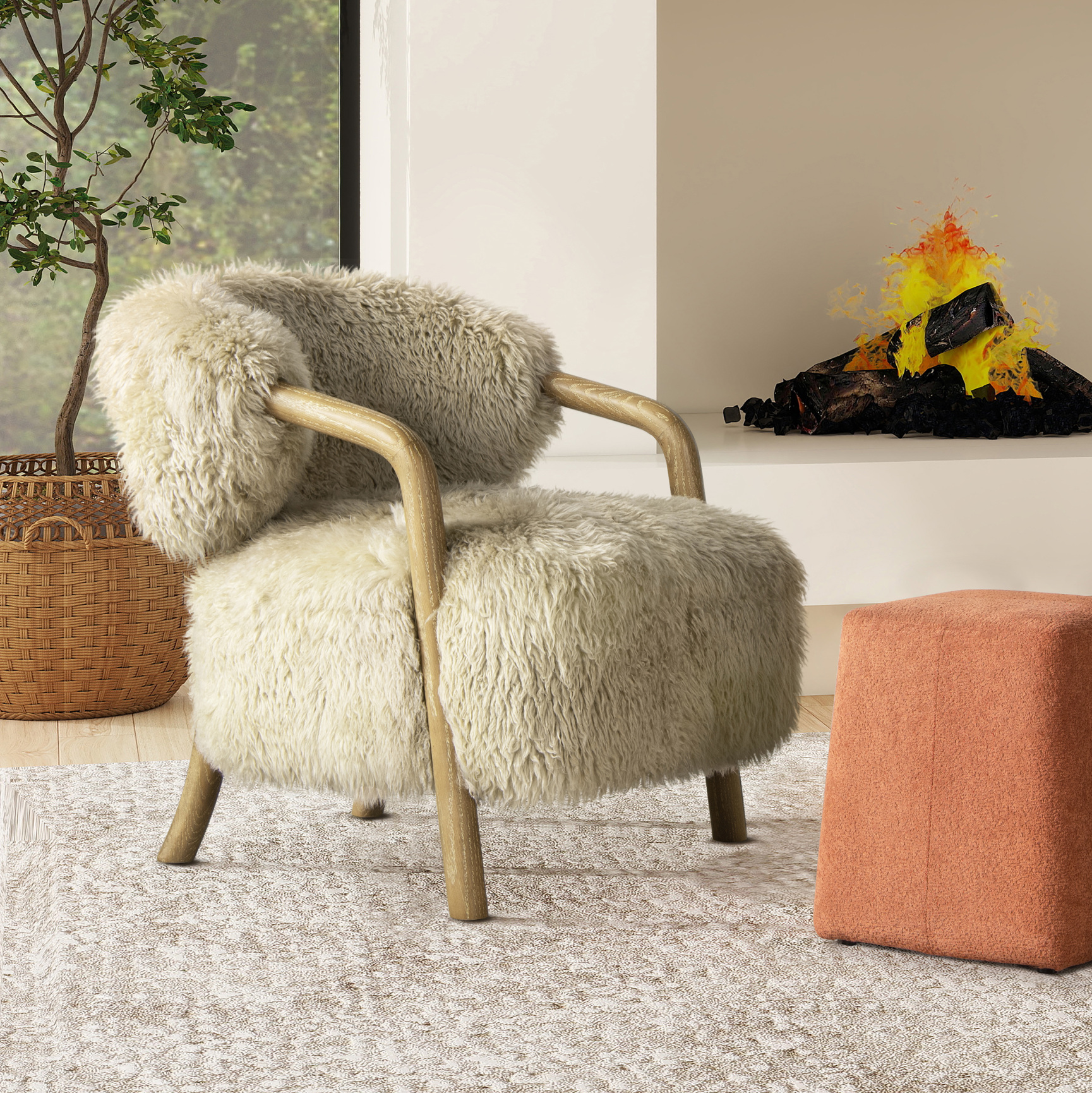 Faux Fur Accent Chair with Oak Frame, Plush Sheepskin Barrel Armchair ...