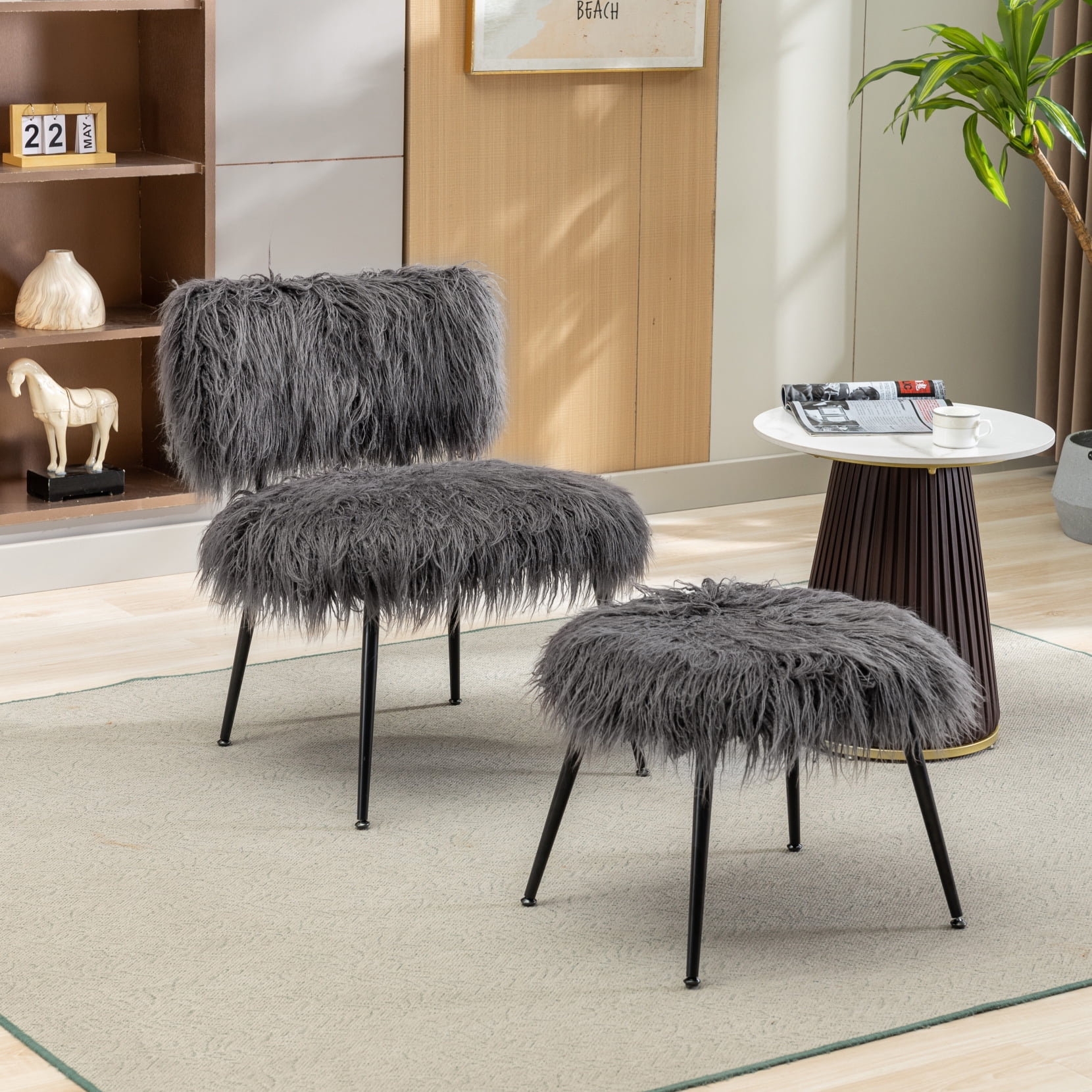 Faux Fur Accent Chair With Ottoman, Armless Side Chair with Cushion ...