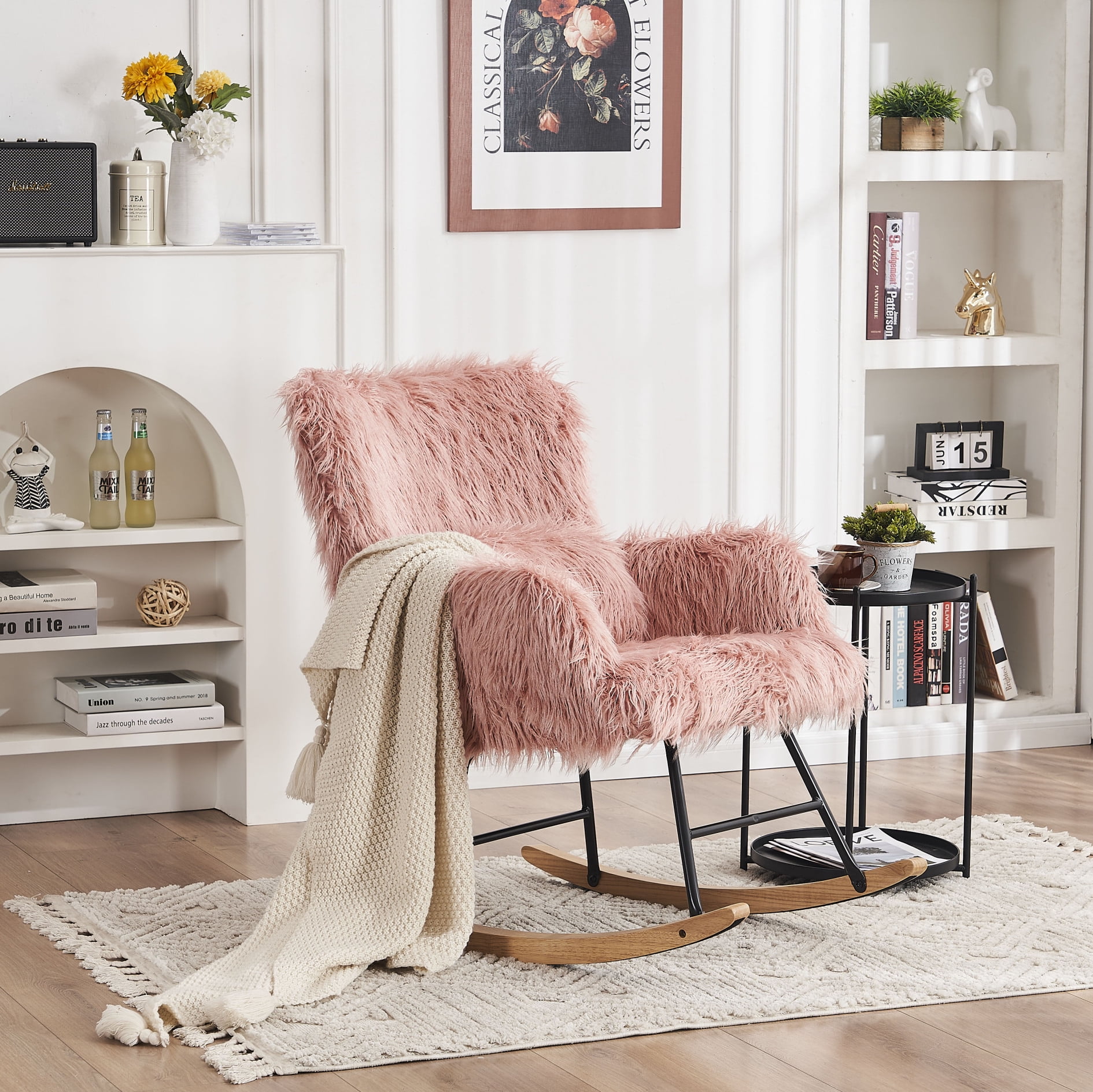 Faux Fur Accent Rocking Chair, Cute Modern Shaggy Faux Fur Rocking ...