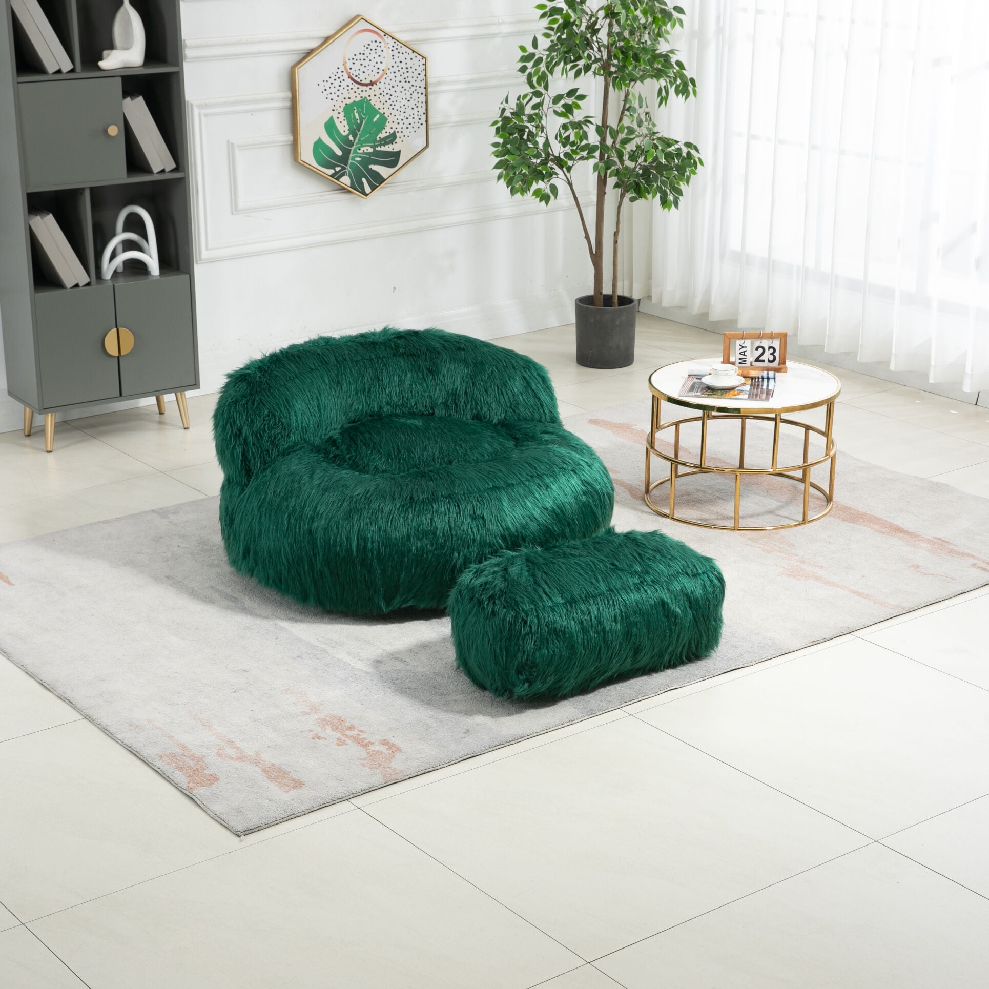 Faux Fur Bean Bag Chair with Ottoman, Soft Fluffy Plush Lazy Sofa with ...