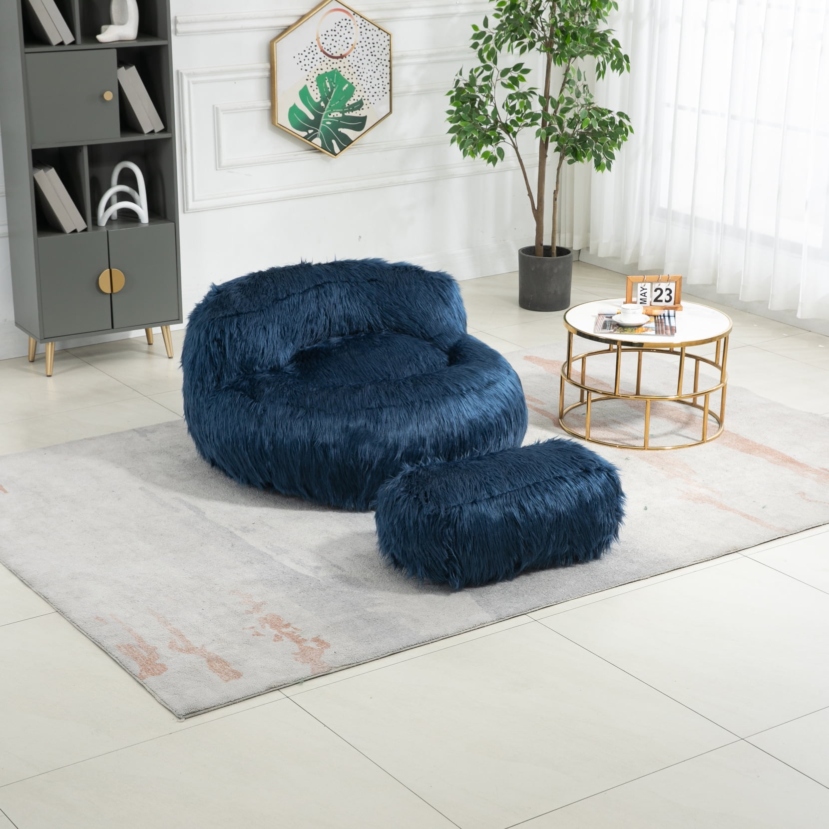 Faux Fur Bean Bag Chair with Ottoman, Soft Fluffy Plush Lazy Sofa with ...