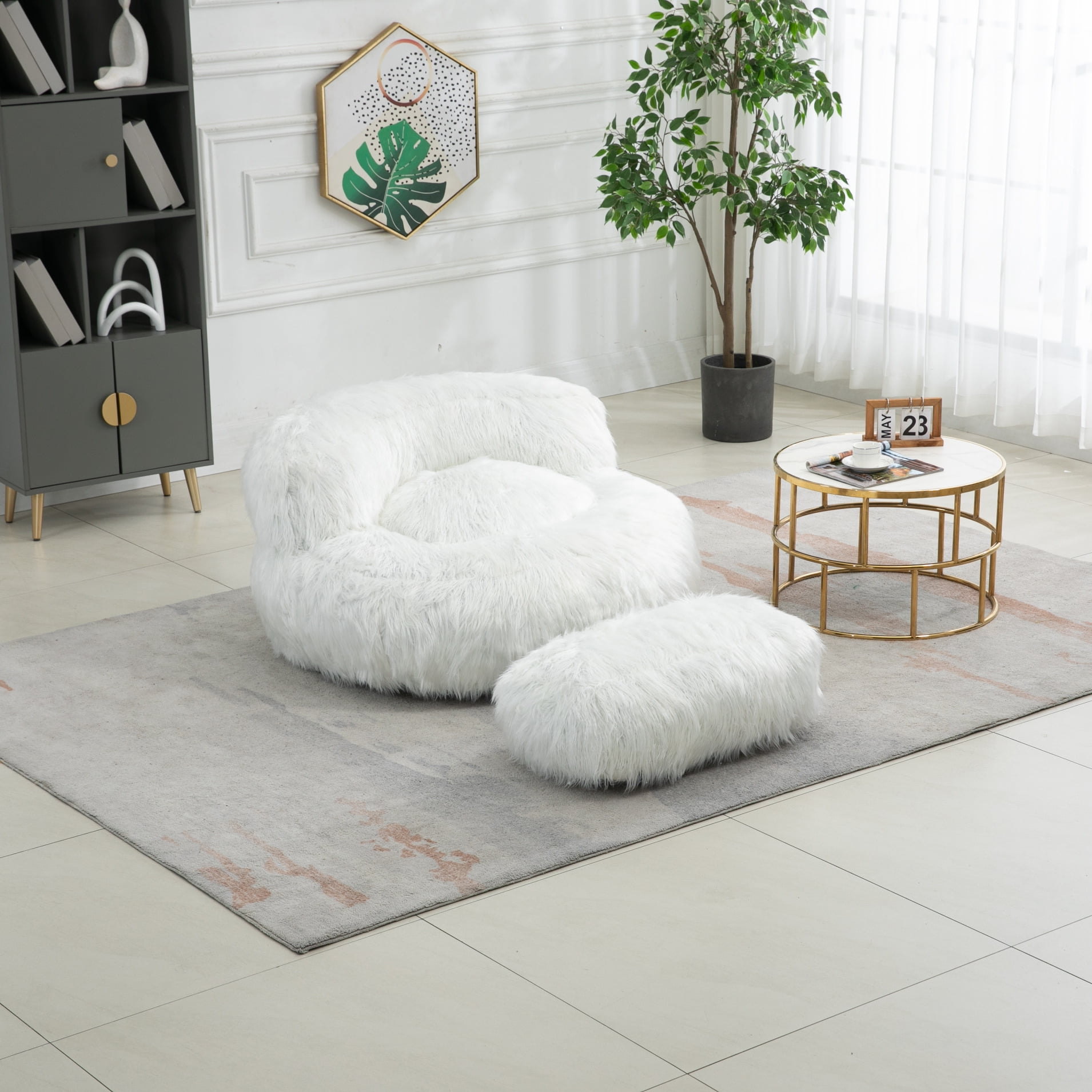 Faux Fur Bean Bag Chair with Ottoman, Soft Fluffy Plush Lazy Sofa with ...