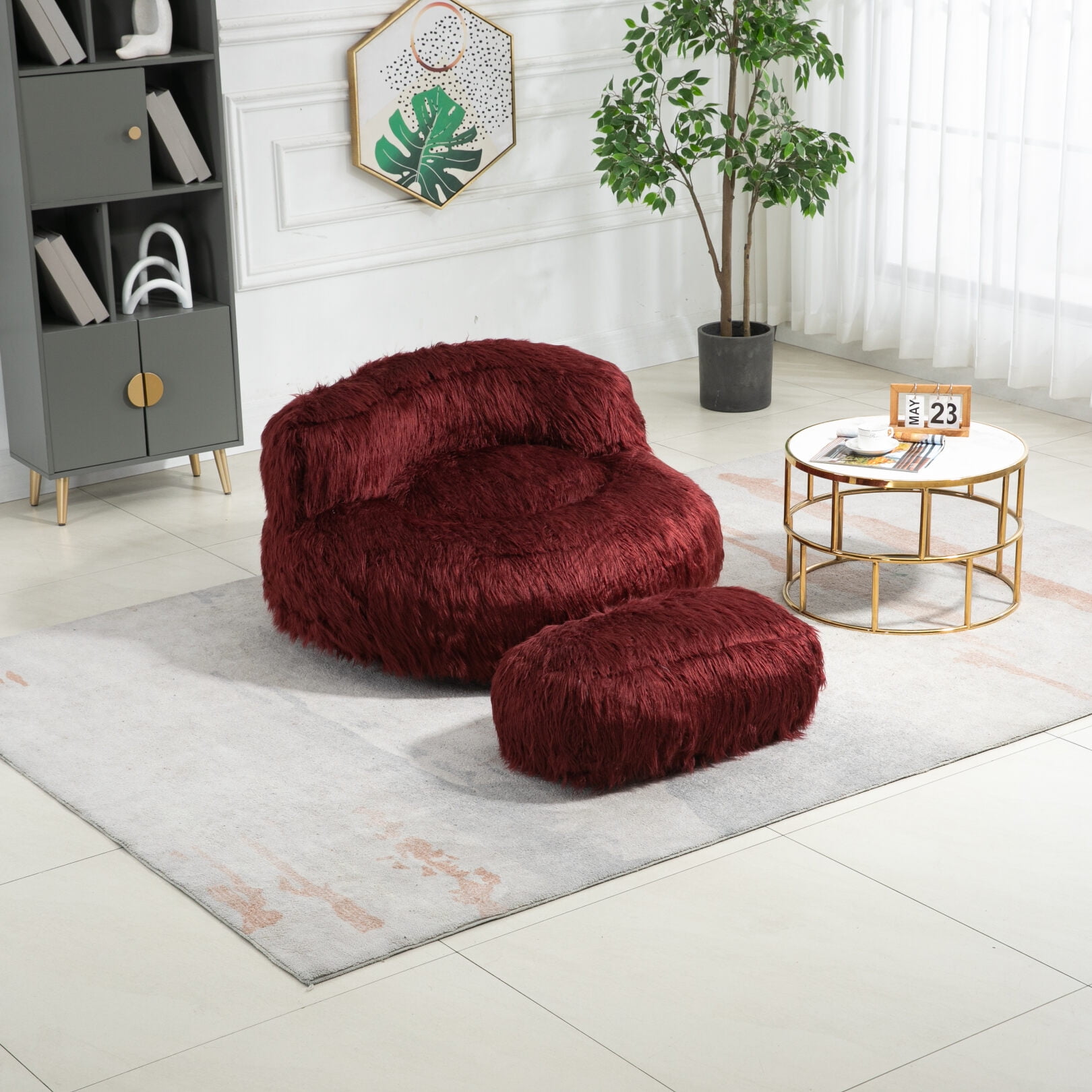 Faux Fur Bean Bag Chair with Ottoman, Soft Fluffy Plush Lazy Sofa with ...