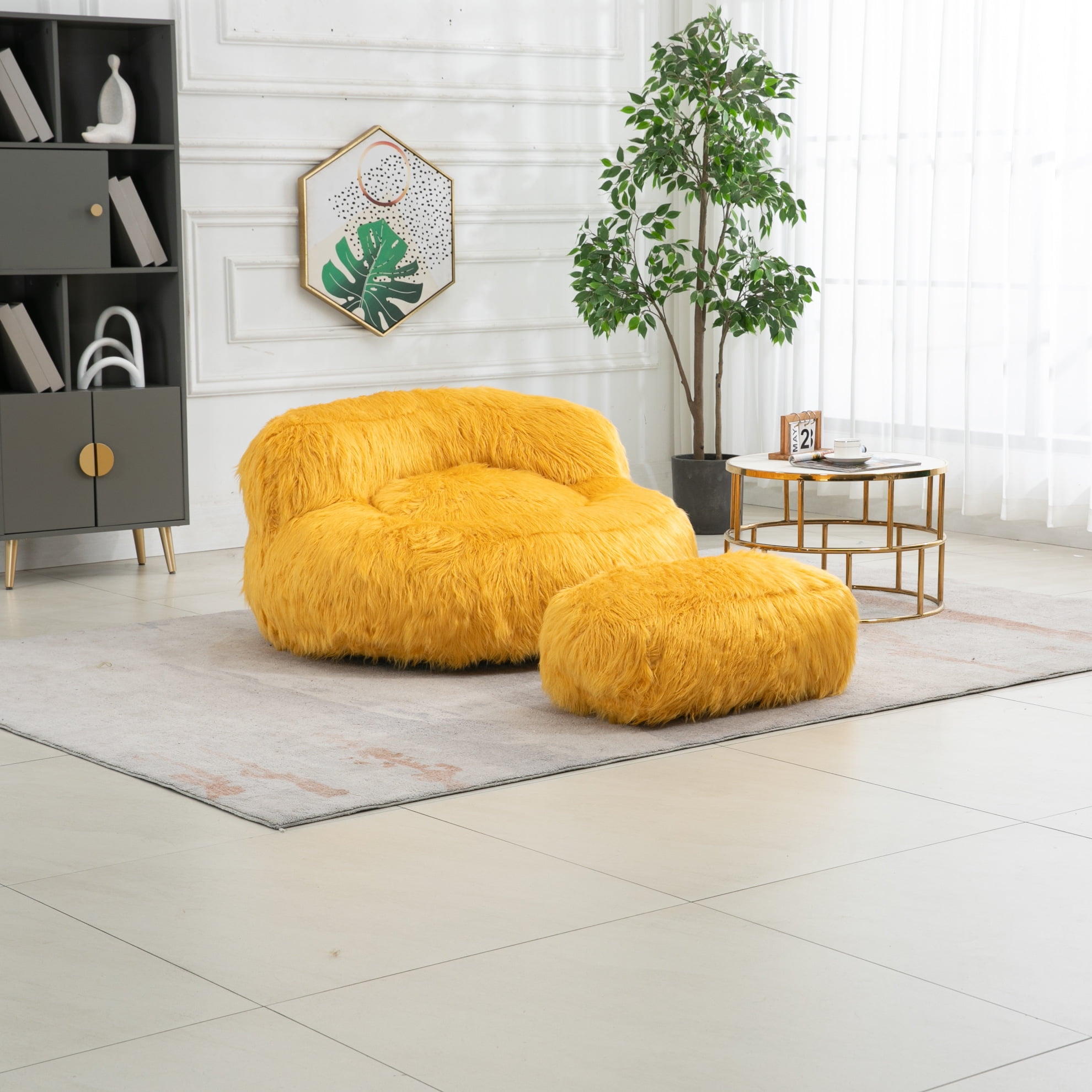 Faux Fur Bean Bag Chair with Ottoman, Soft Fluffy Plush Lazy Sofa with ...