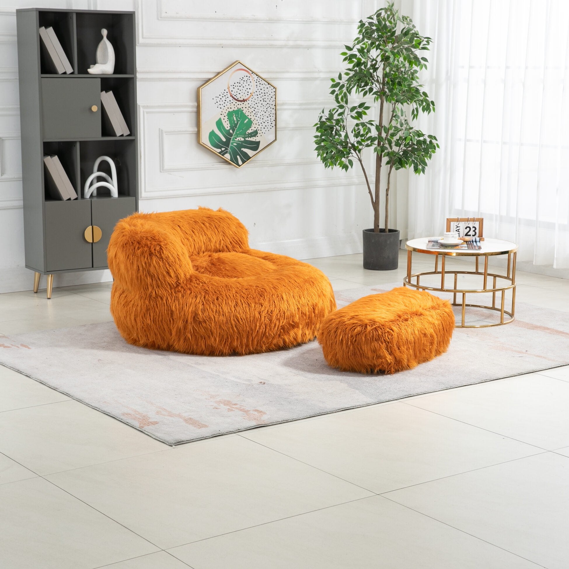 Faux Fur Bean Bag Chairs with Ottoman, Oversized Fluffy Accent Chair ...