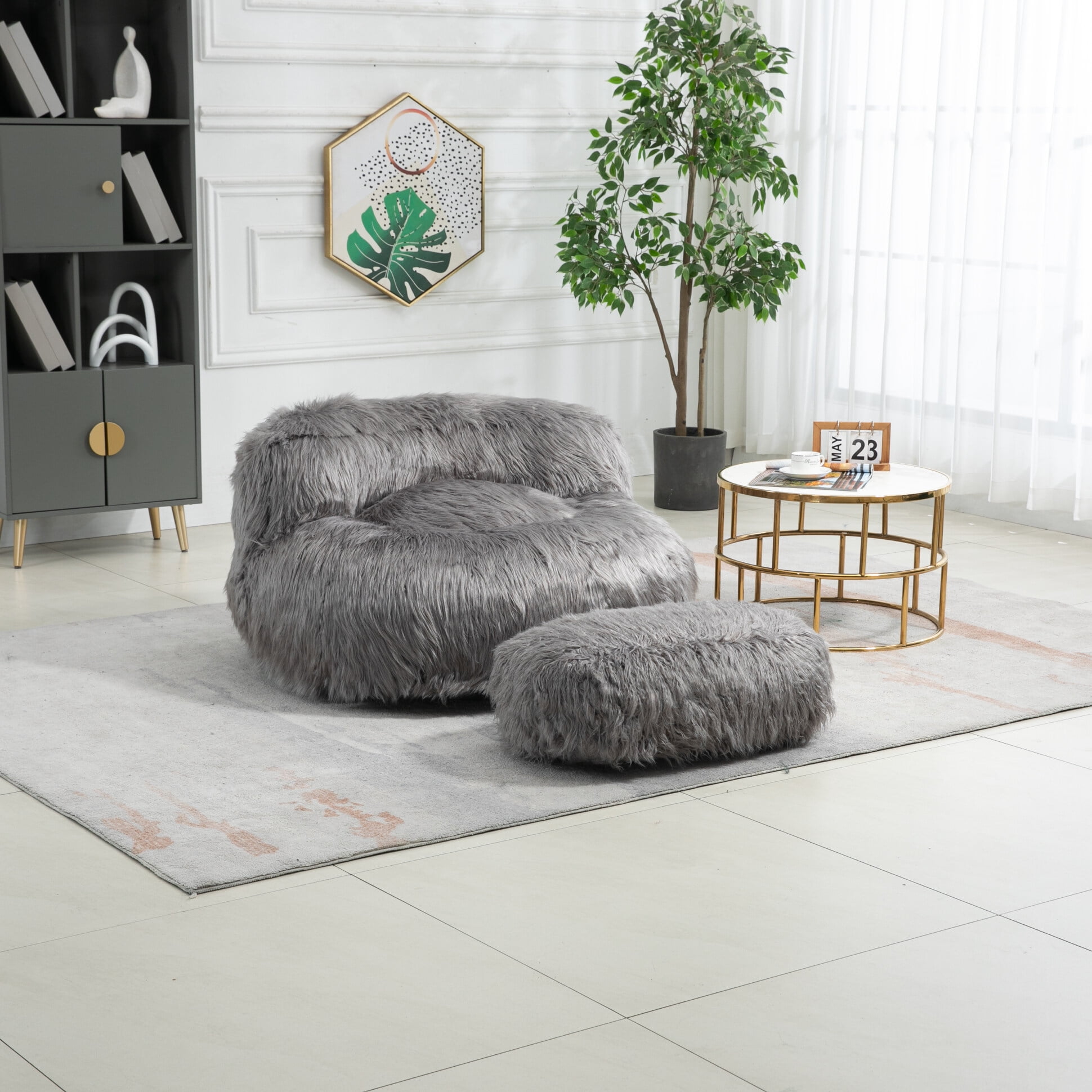 Faux Fur Bean Bag Chairs with Ottoman, Oversized Fluffy Accent Chair ...