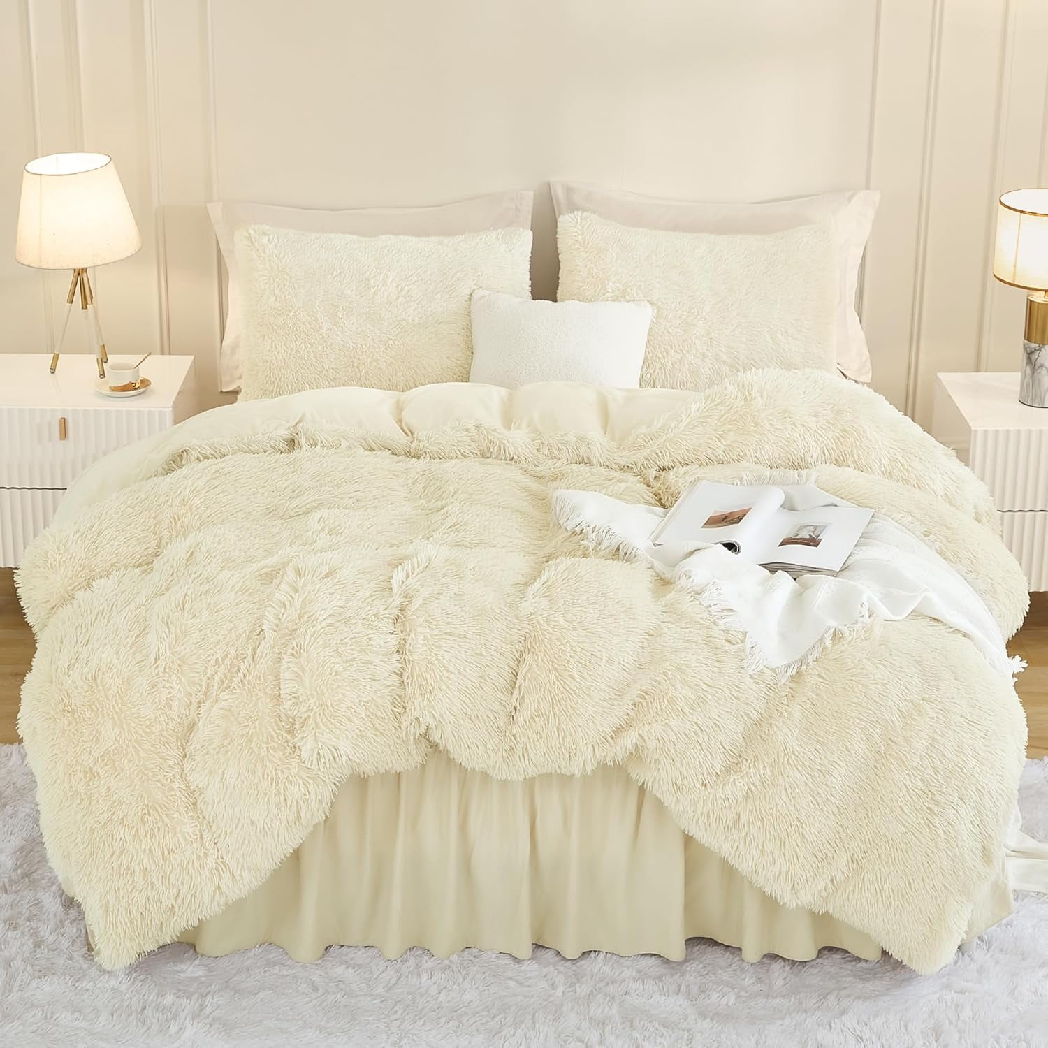 Faux Fur Beige Comforter Set Full Size, 3 Pieces Fluffy Fuzzy Plush ...