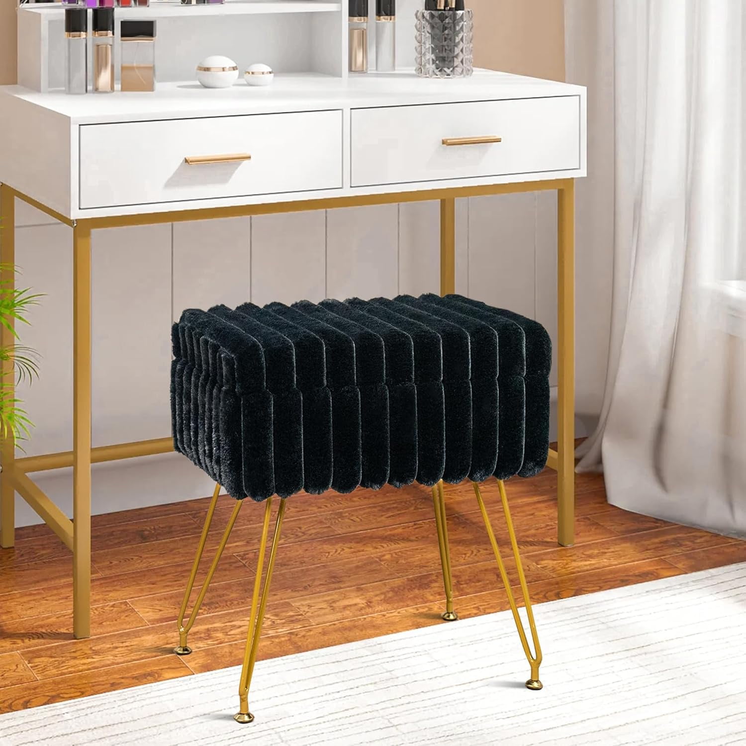 Faux Fur Black Vanity Stool Chair with Storage Ottoman, Vanity Chair ...