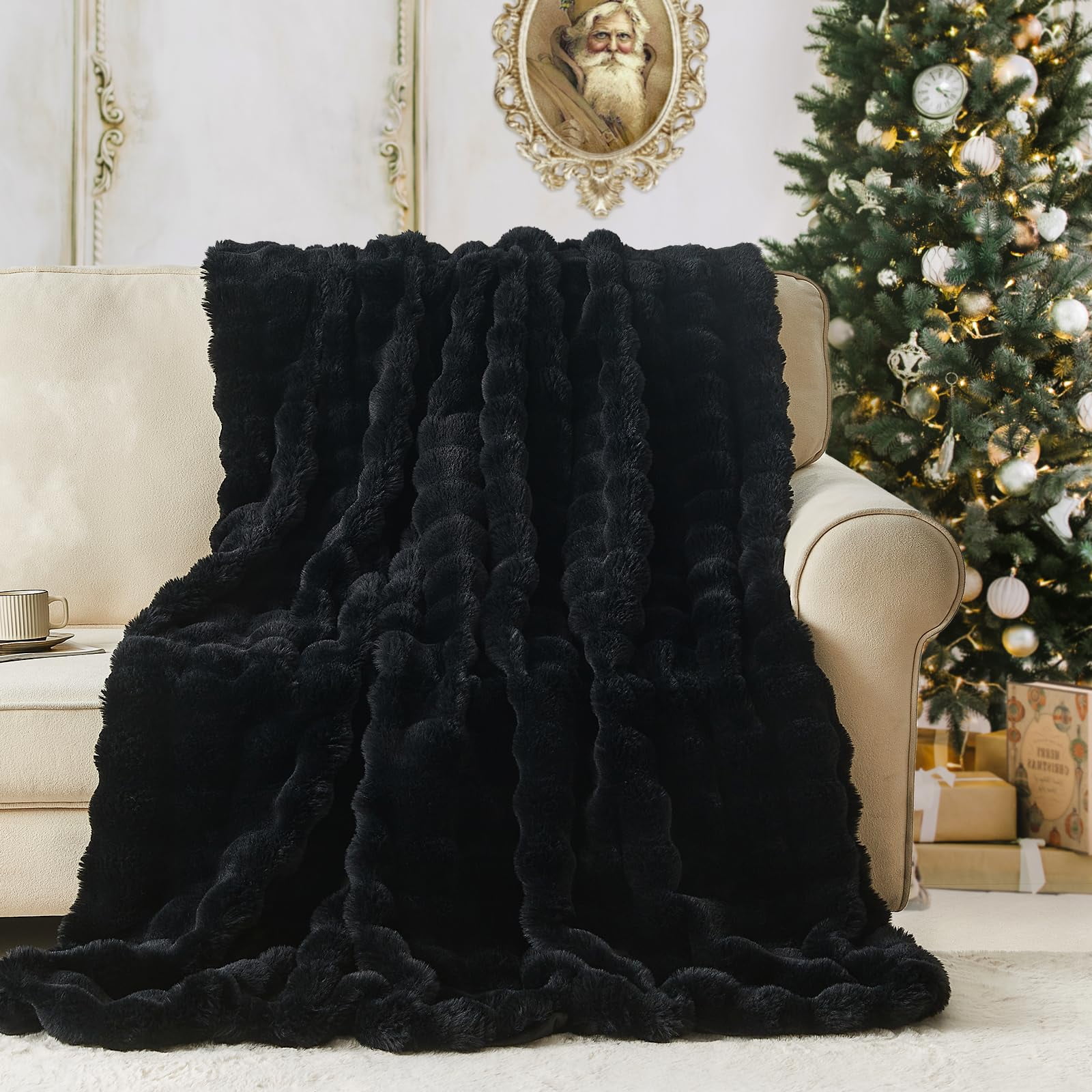 Faux Fur Blanket Black - Big Bubble Rabbit Fluff King Blanket for The ...