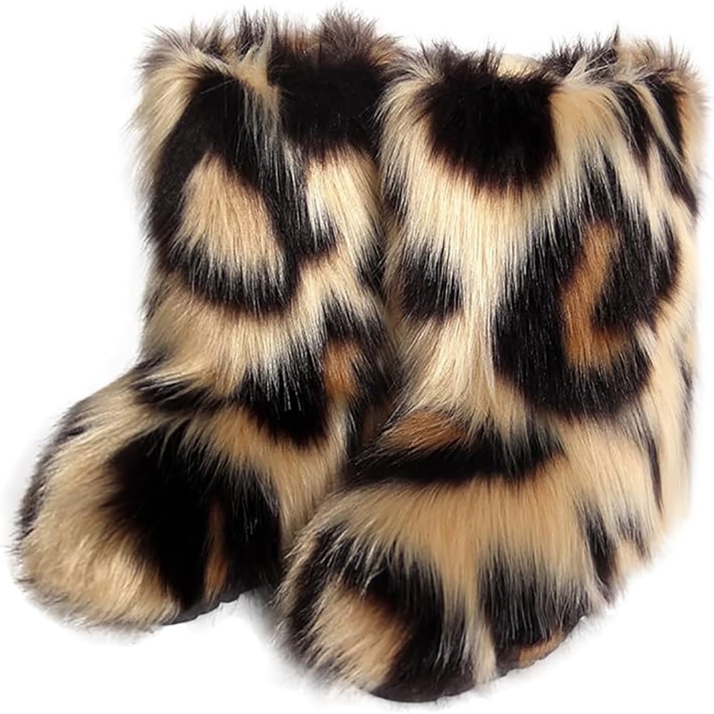 Faux Fur Boot For Women Furry Fluffy Comfy Plush Warm Outdoor Mid-Calf ...