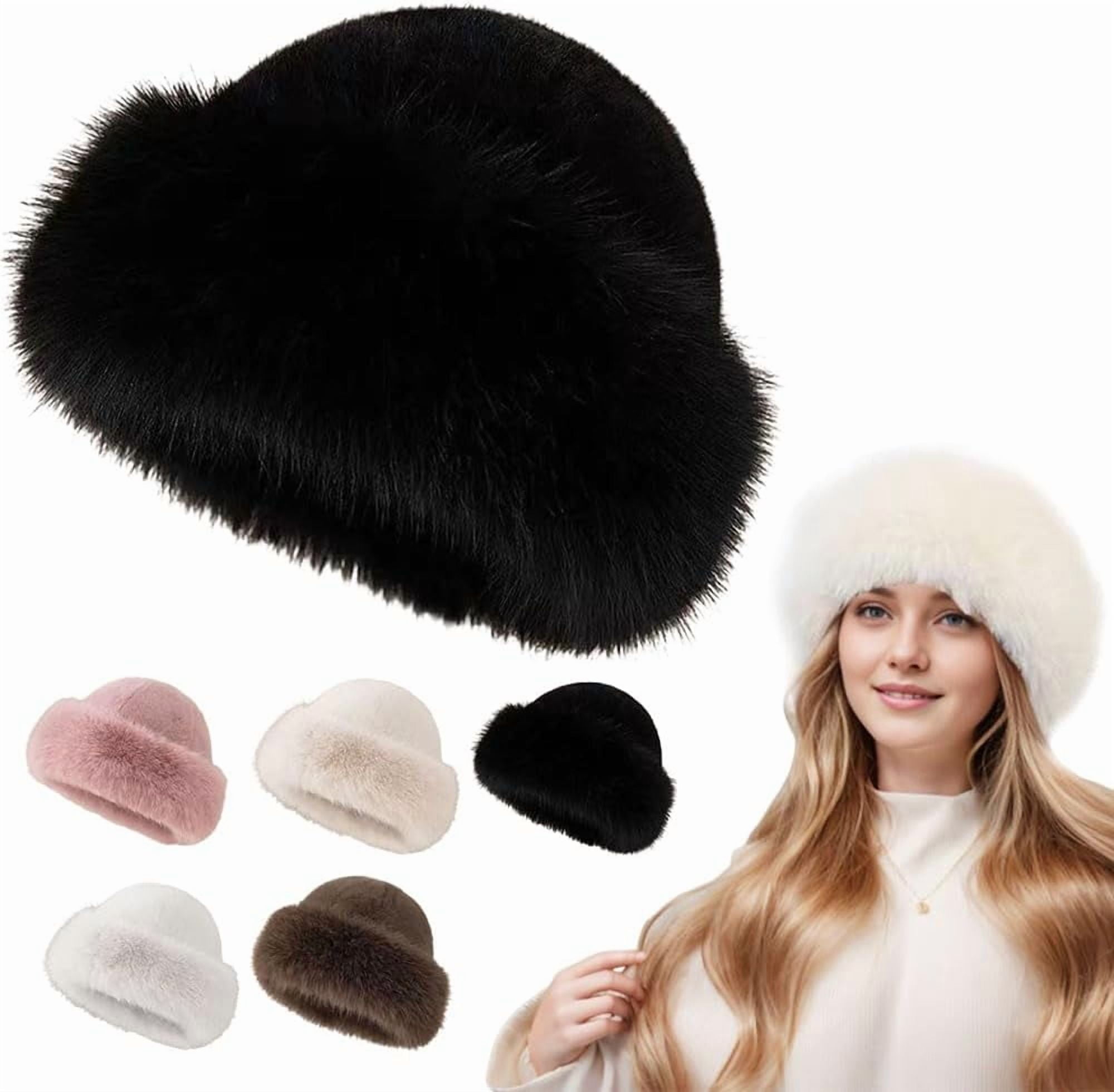 Faux Fur Bucket Hat, Womens Winter Plush Fluffy Furry Mink Hats Warm ...