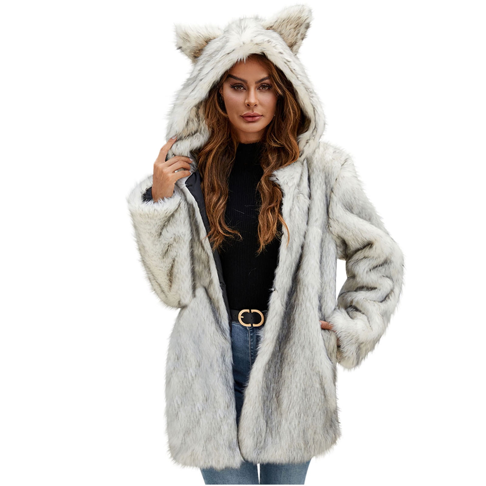 Faux Fur Coat for Women with Hood Mid Length Winter Warm Fuzzy Teddy ...