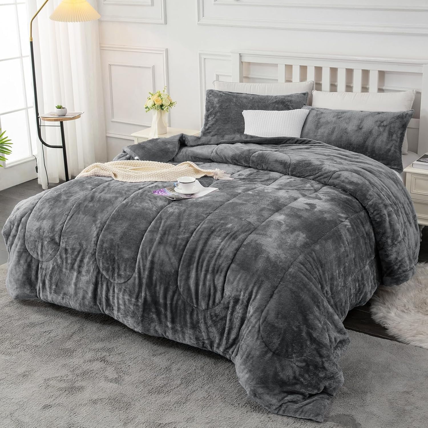 Faux Fur Comforter Set King Size, Luxury Ultra Soft Fuzzy Fleece ...