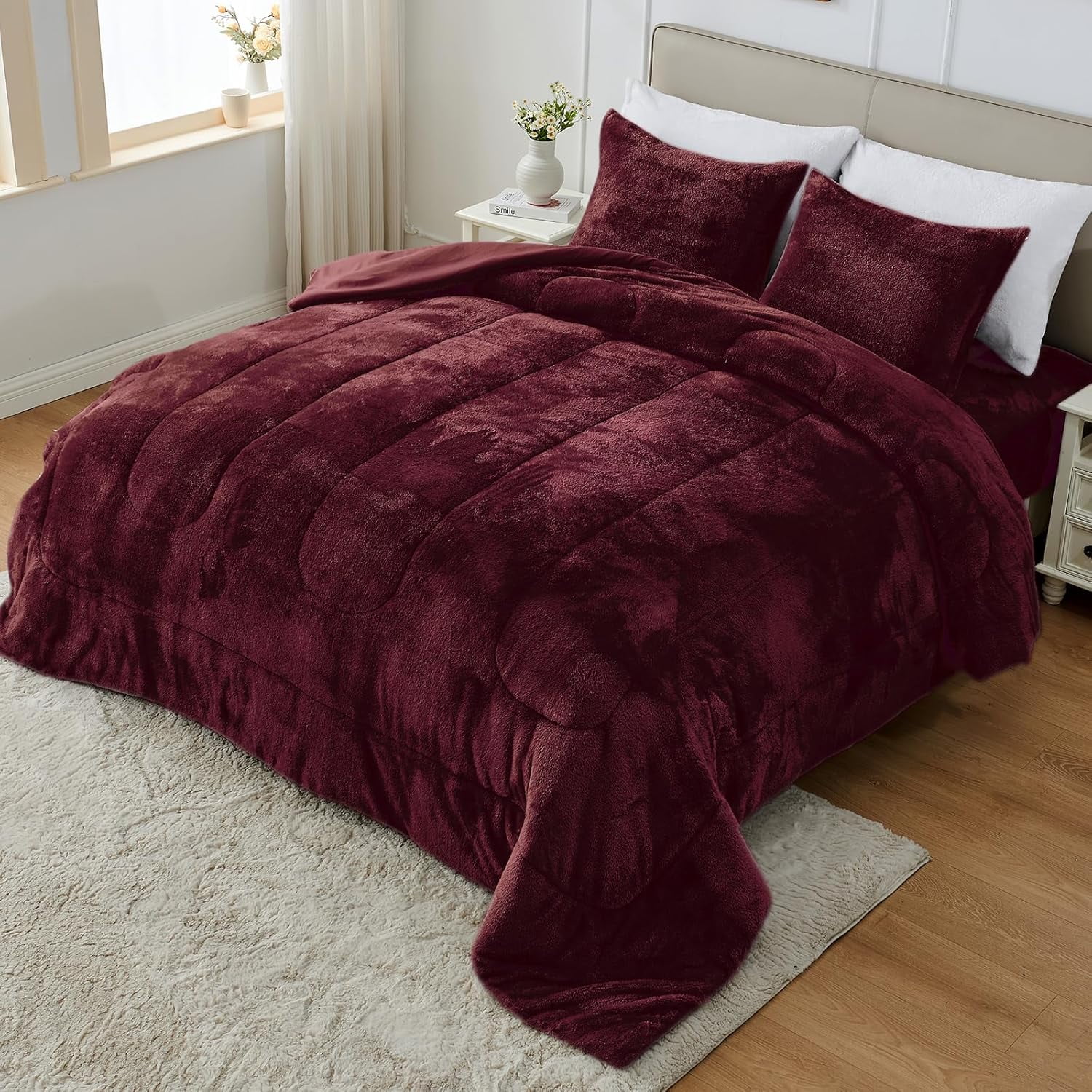 Faux Fur Comforter Set Queen Size with Fitted Sheet, Luxury Ultra Soft ...