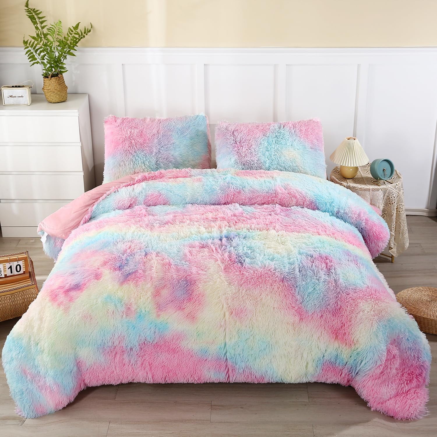 Faux Fur Comforter Set Twin Size For Girls Bedding Plush Shaggy Comforter Sets Gradient Ombre