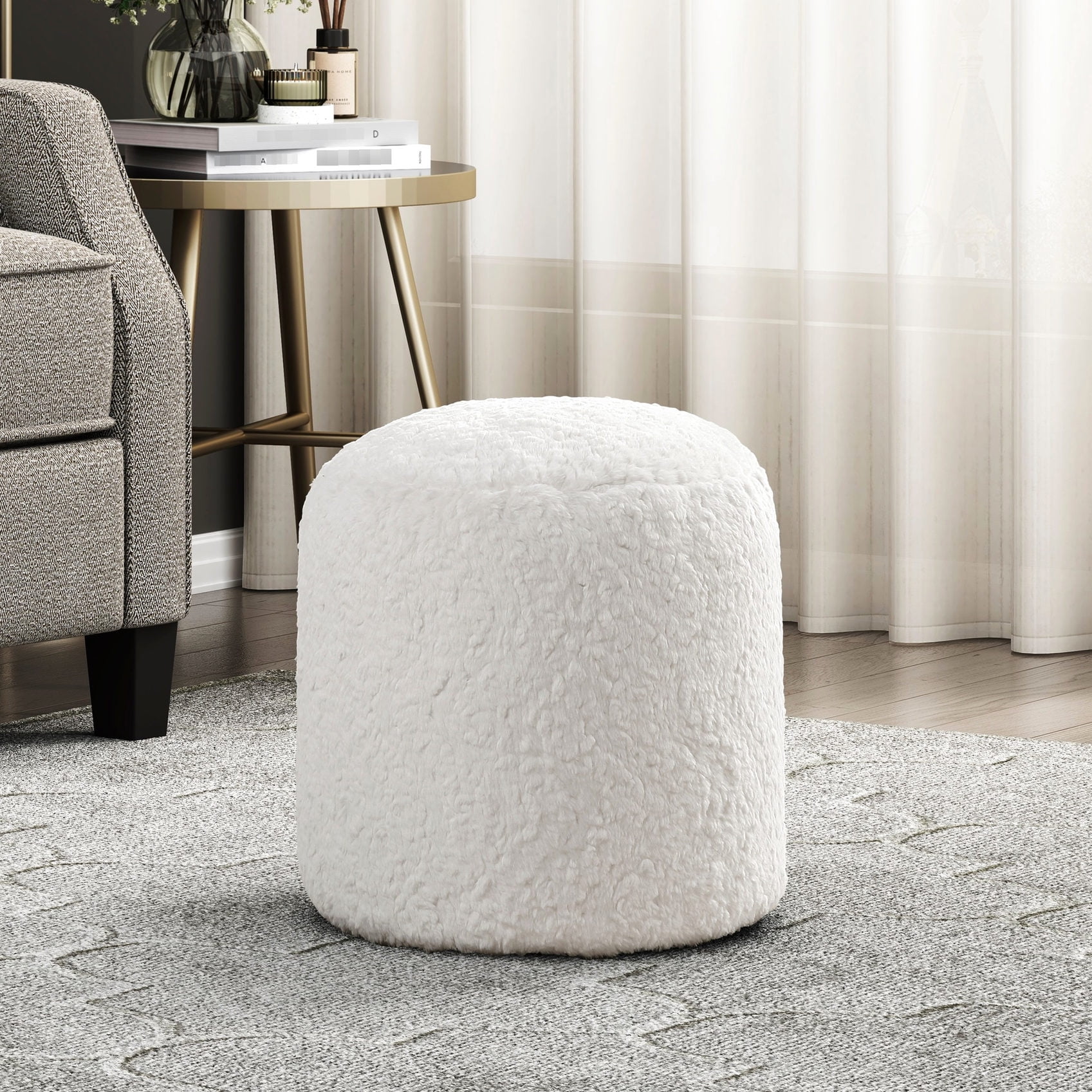Faux Fur Covered Pouf with Spot Clean / Low-Maintenance Home Accent ...