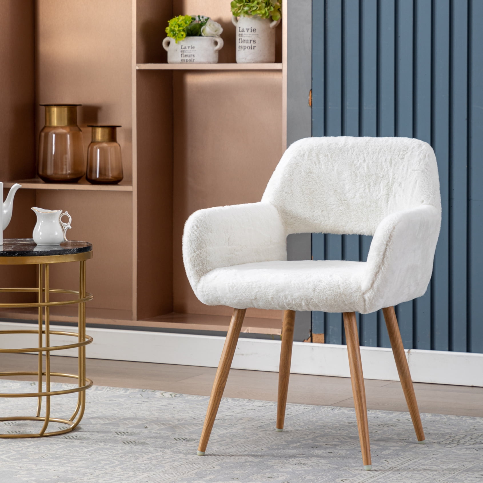 Faux Fur Dining Chairs with Armrest, Mid Century Side Chairs with Solid ...