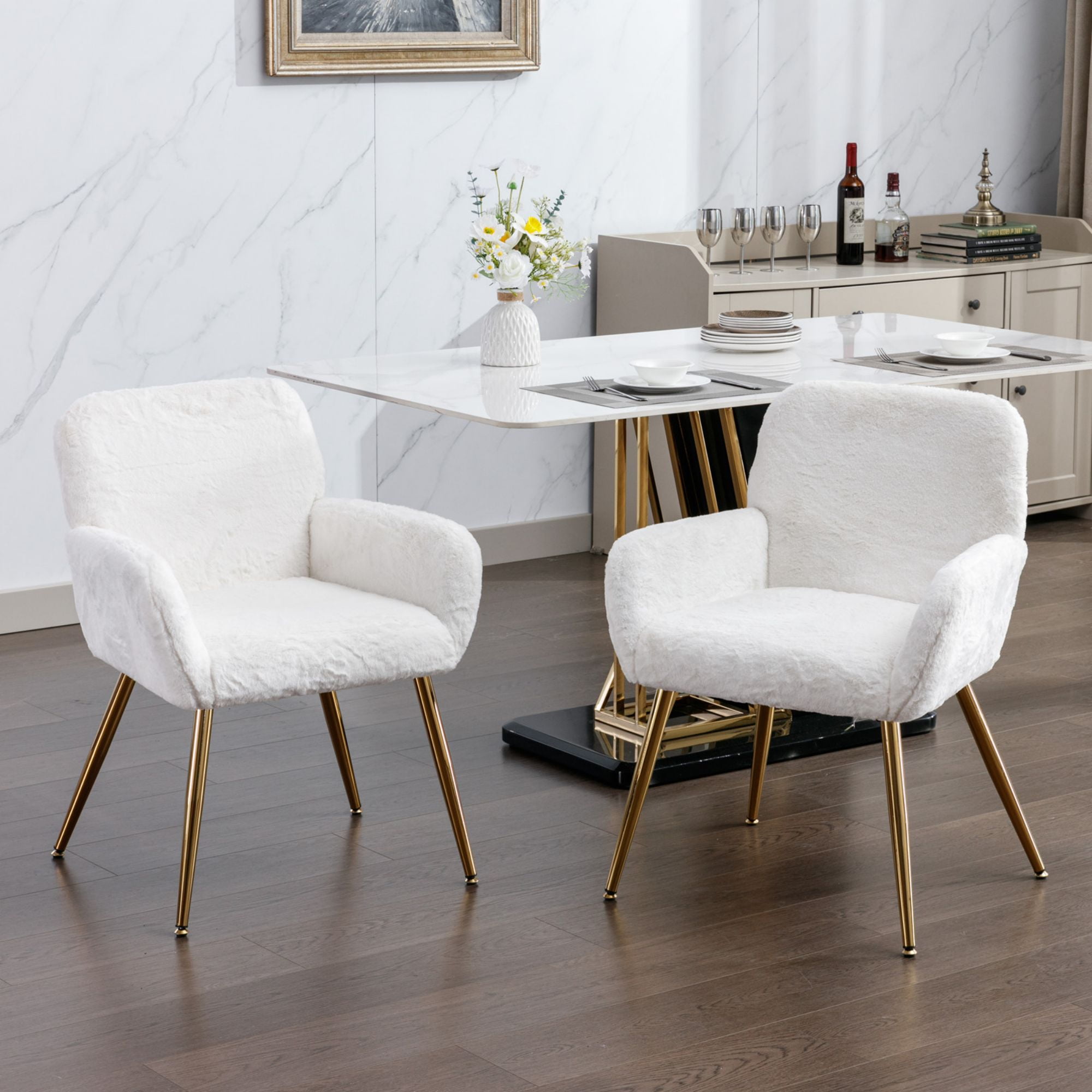 Faux Fur Dining Chairs, Modern Dining Chair with Golden Metal Legs ...