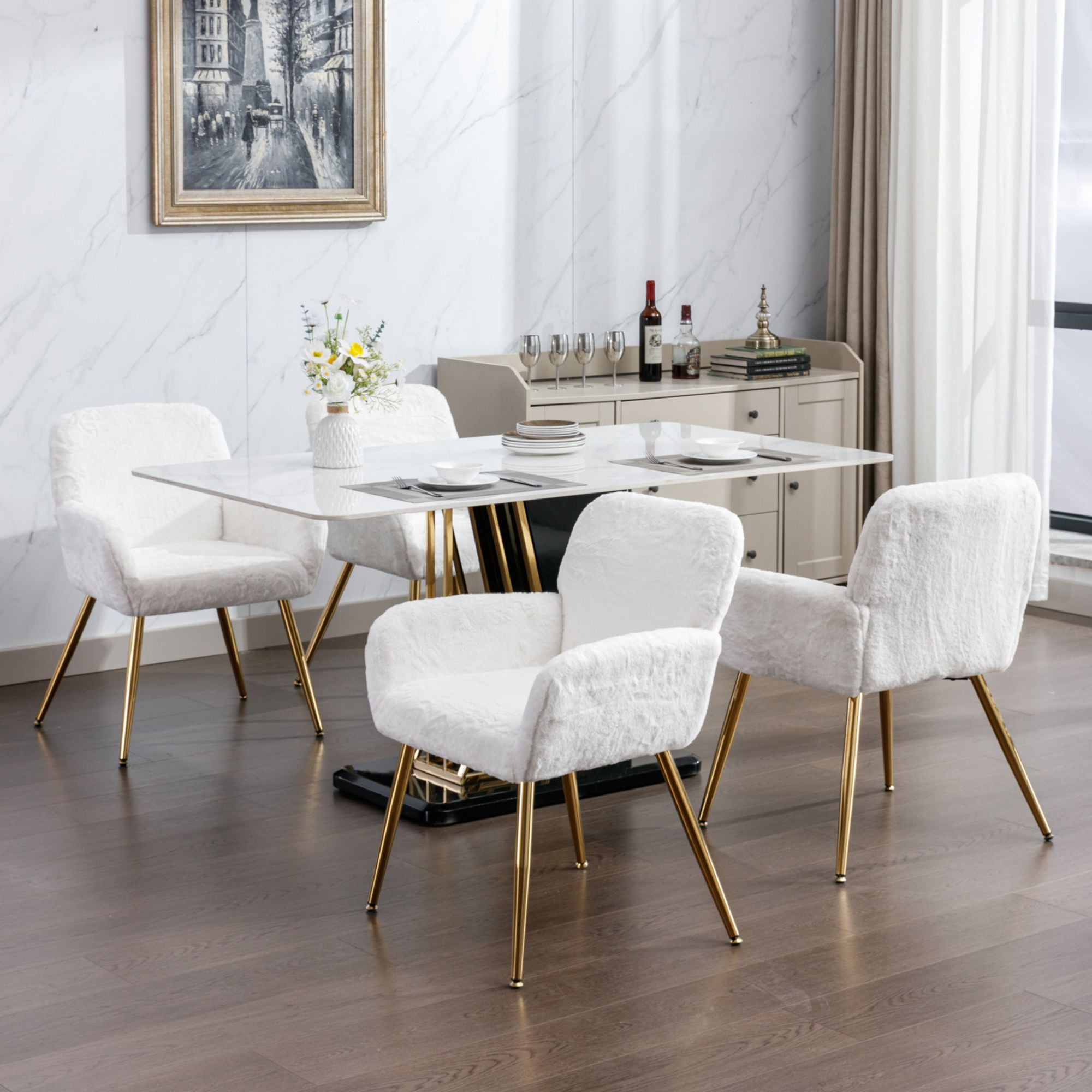 Faux Fur Dining Chairs, Modern Dining Chair with Golden Metal Legs ...