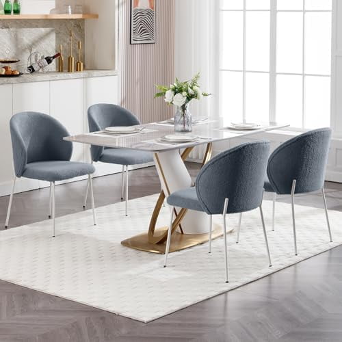 Faux Fur Dining Chairs Set of 4, Upholstered Boucle Fluffy Kitchen Side ...
