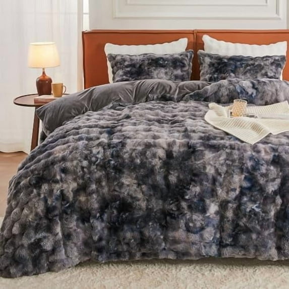 Faux Fur Duvet Cover Queen Size, 3 Pieces Ultra Soft Fluffy Comforter ...