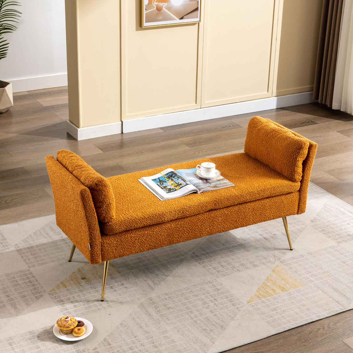 Faux Fur End of Bed Bench, 52" Modern Boucle Upholstered Bedroom Bench ...
