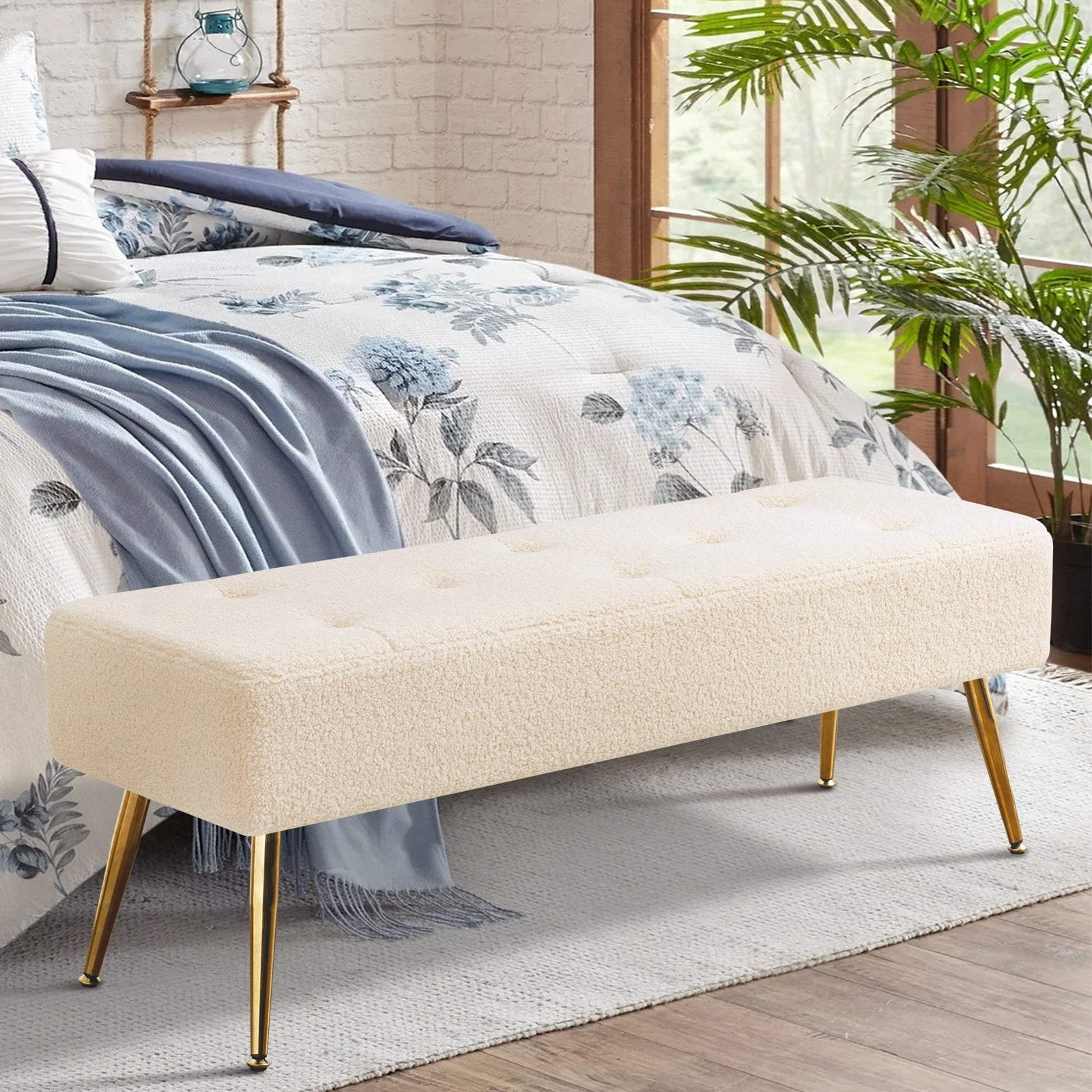Bedroom Sherpa Faux Fur Upholstered Tufted Ottoman Bench with Gold ...